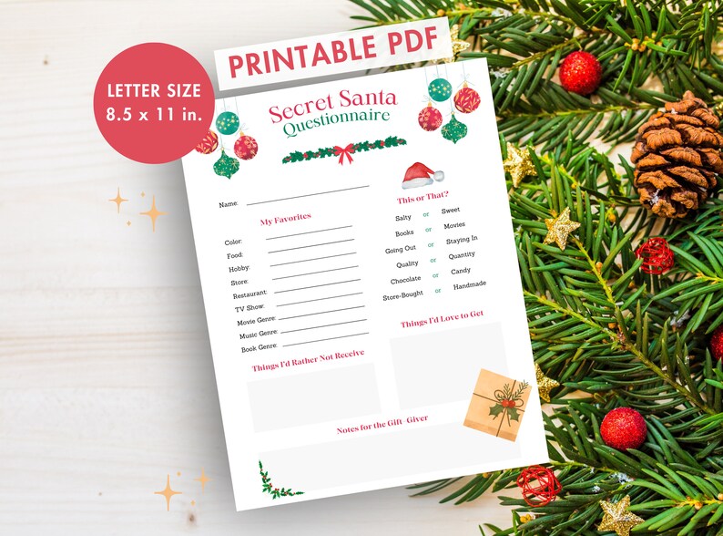 Secret Santa Questionnaire Form for Christmas Holiday - Etsy UK