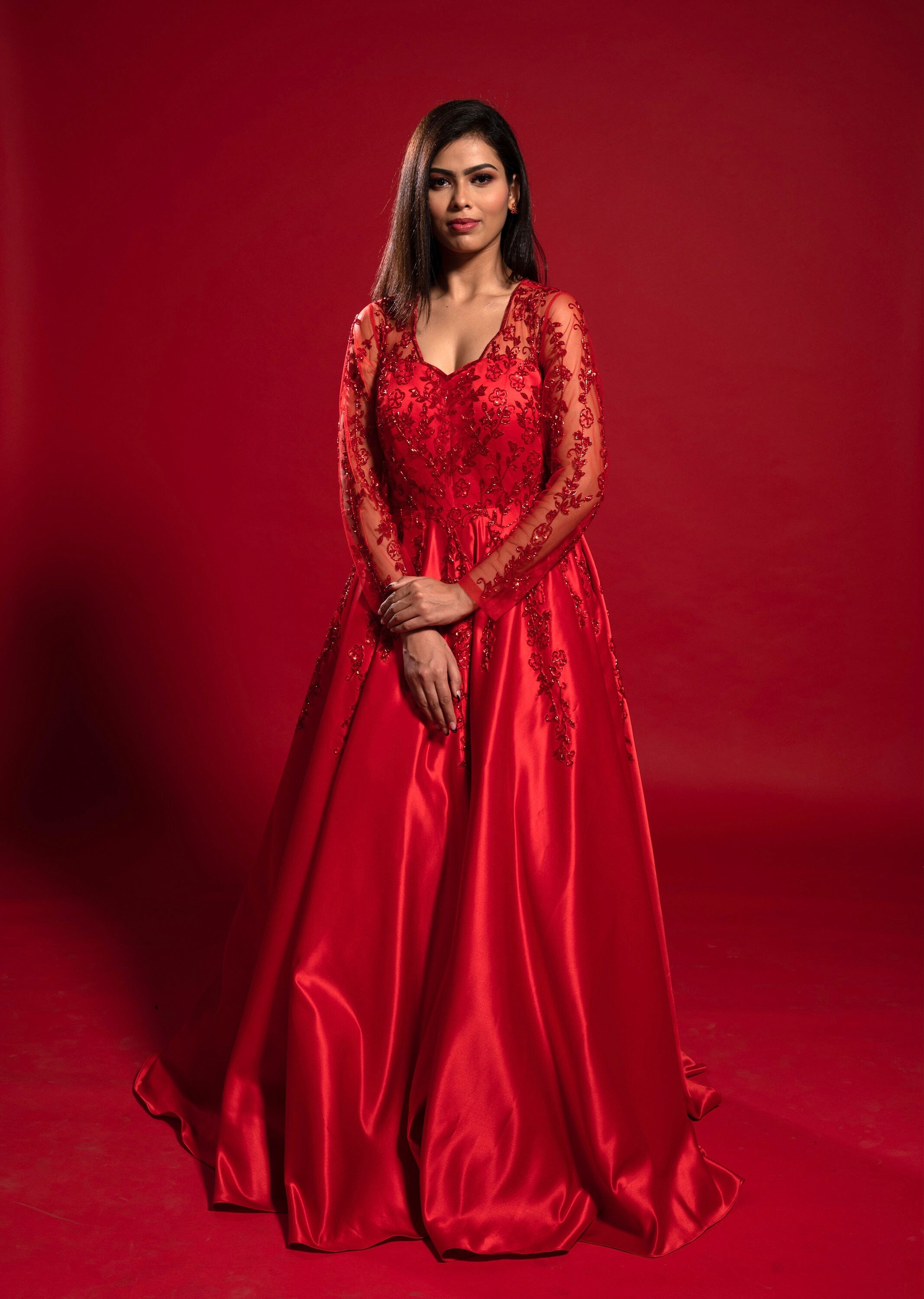 Red Hand Embroidered Wedding Gown, Red Ball Gown, Red Quinceanera Dress ...