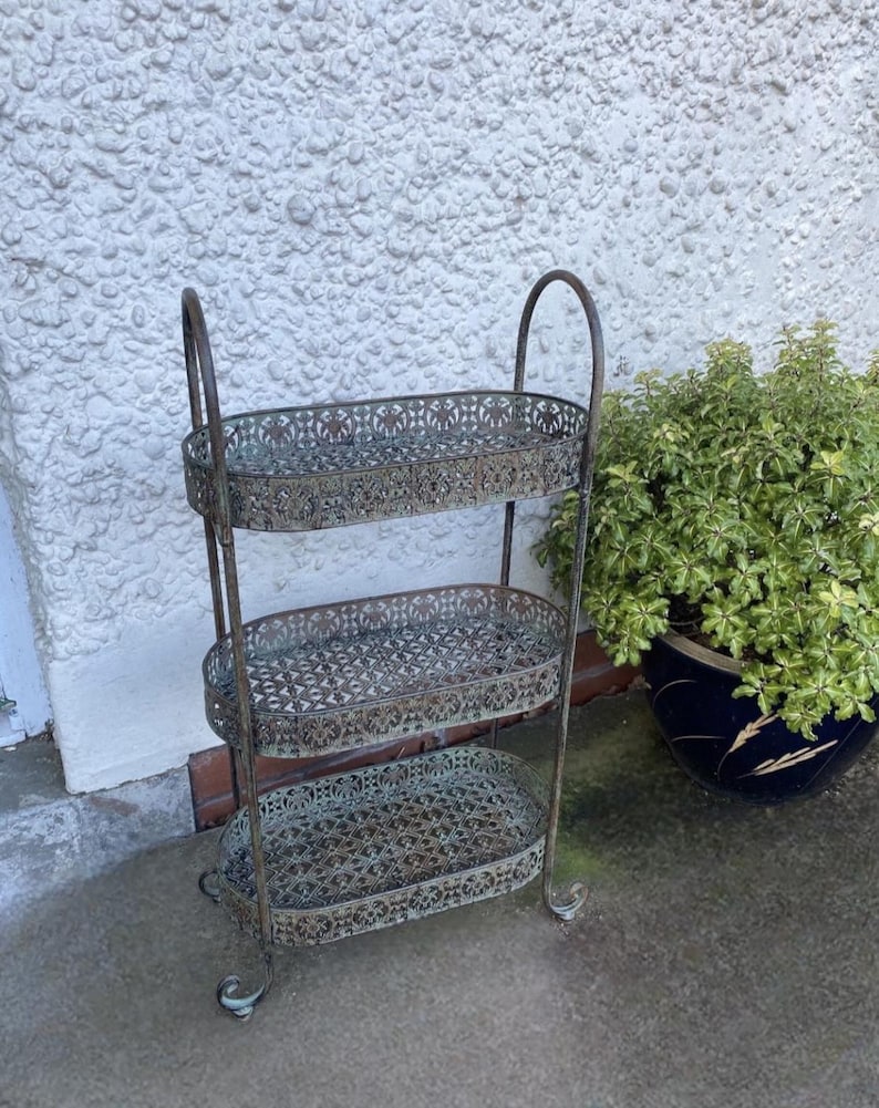 Verdigris Three Tier Plant Stand Garden Shelf With Intricate Ironwork ...