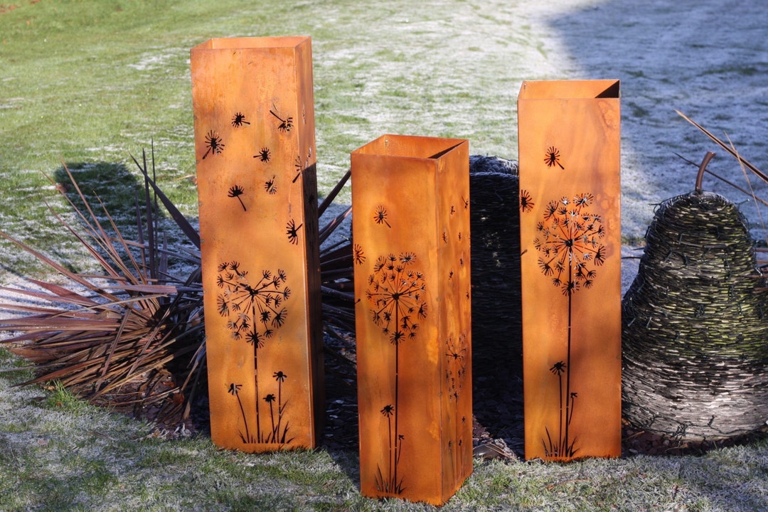 Set of 3 Large Rustic Corten Steel Dandelion Leaf Columns Lanterns ...