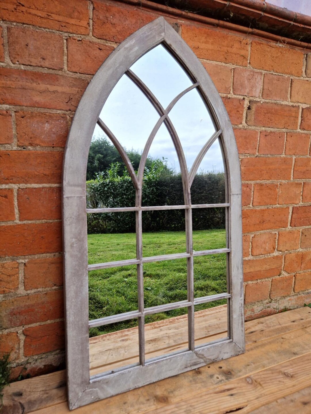 Chapel Style Ecclesiastical Gothic Galvanised Metal Garden Mirror Grey ...