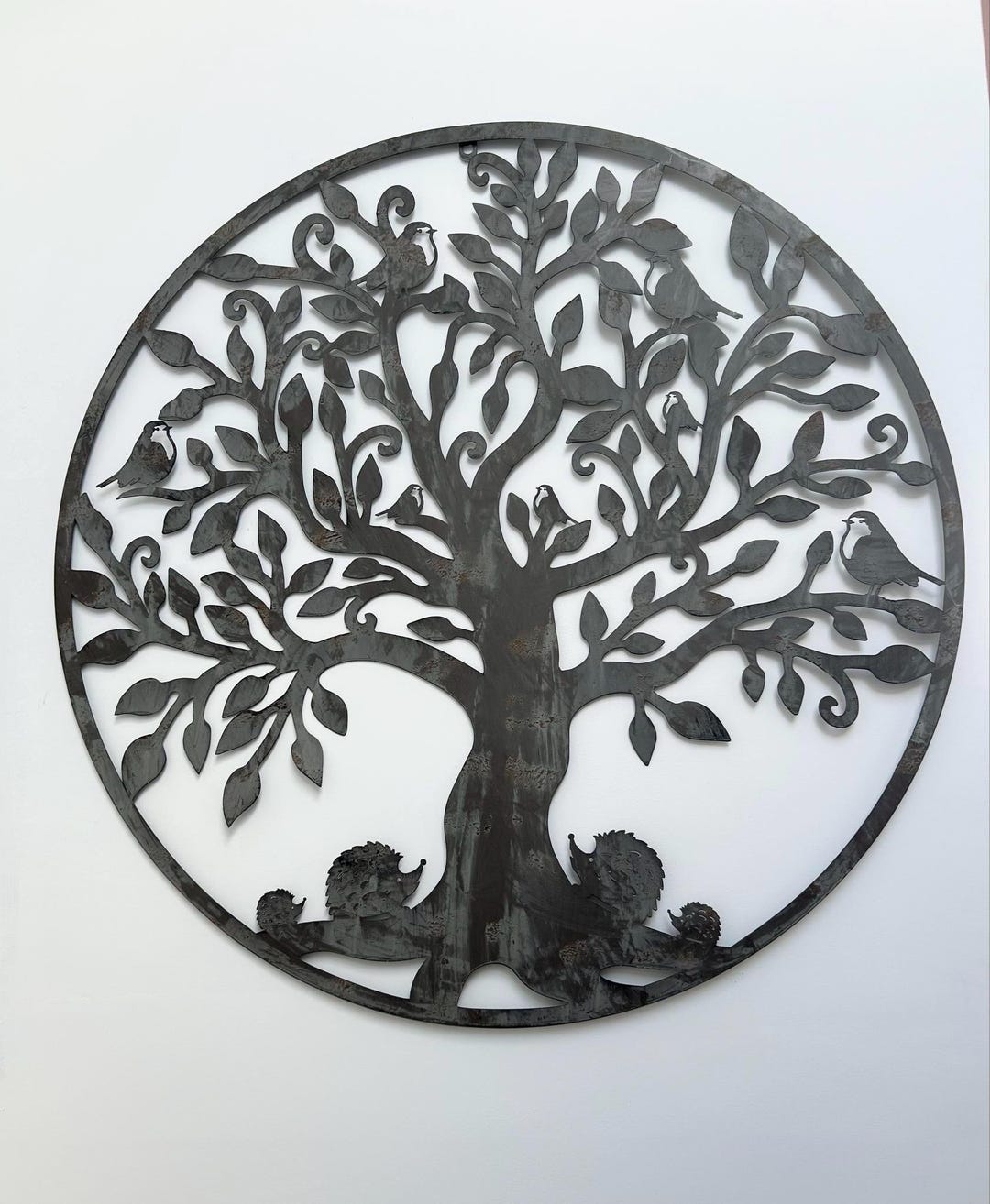 Large Grey Tree of Life Hedghog Family Wall Art Wall Hanging Garden ...