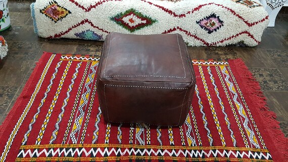 Stuffed Dark Brown Moroccan Leather Pouf Handmade Square Ottoman Dark Brown Floor Poof Pouf Footstool Ottoman Table Pouf and Stools Etsy