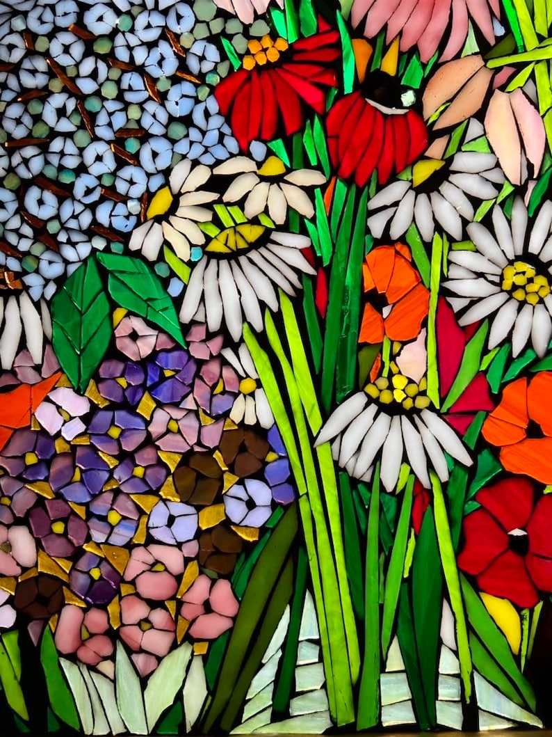 Mixed Flower Stained Glass Mosaic Panel. Framed Hanging Glass - Etsy