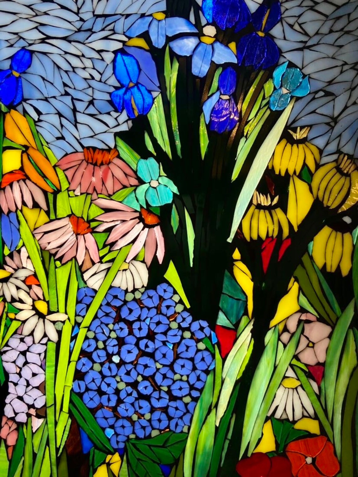 Mixed Flower Stained Glass Mosaic Panel. Framed Hanging Glass - Etsy