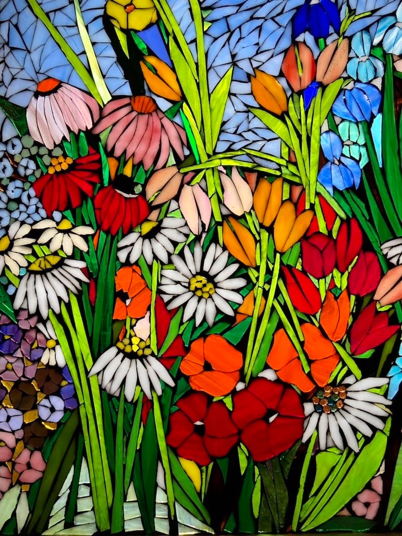 Mixed Flower Stained Glass Mosaic Panel. Framed Hanging Glass - Etsy