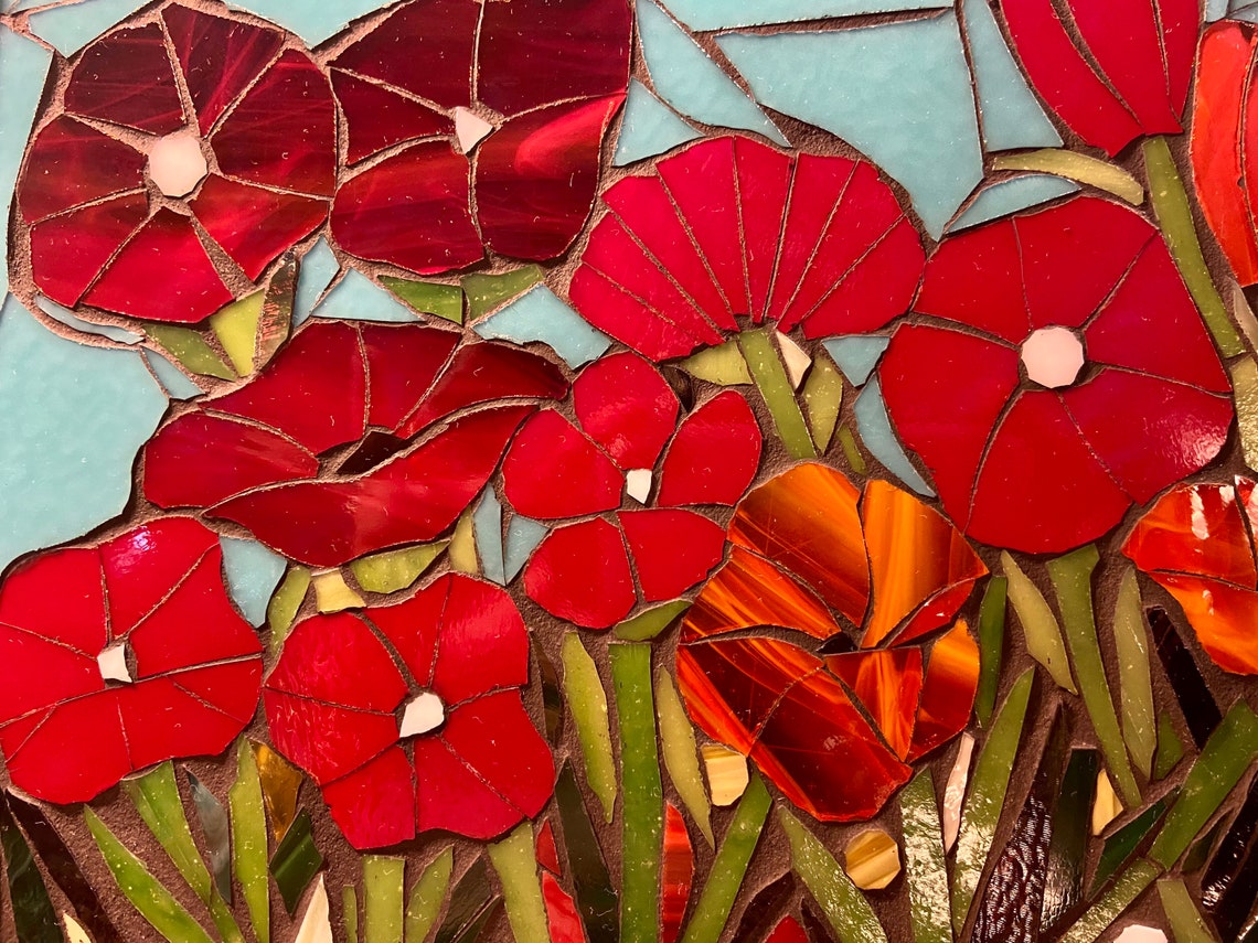 CUSTOM ORDER Mosaic Poppy Window, Red Stained Glass, Mosaic Art, Flower ...