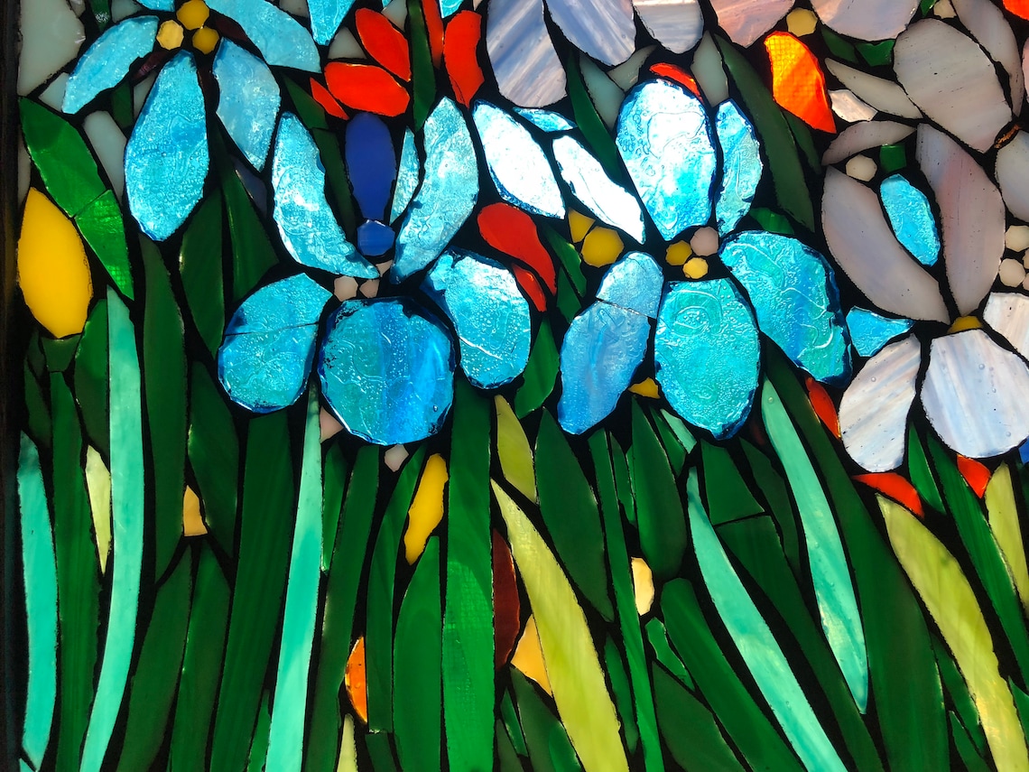 Iris Flower Mosaic Blue Iris Stained Glass Window, Botanical Art ...