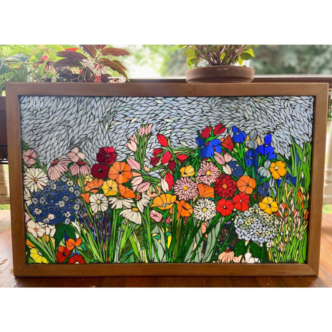 Mixed Flower Stained Glass Window. Framed Hanging Glass Art. - Etsy