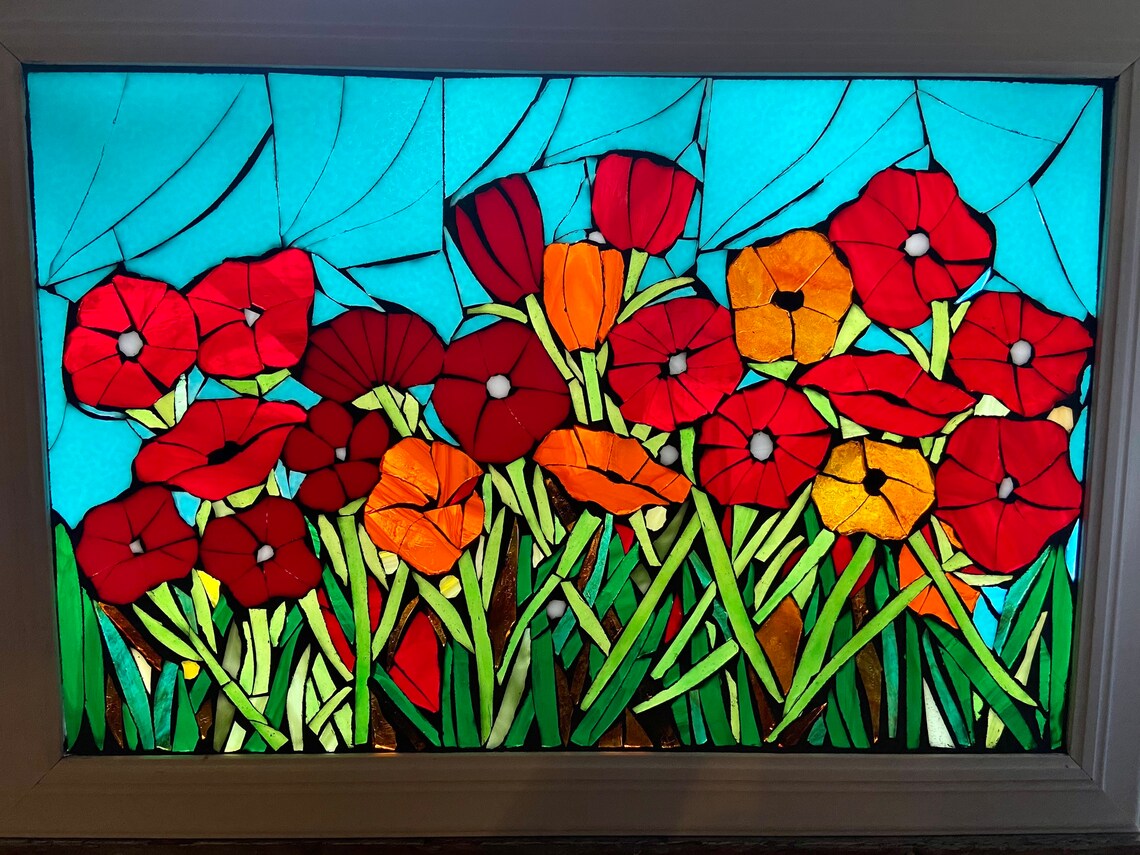 CUSTOM ORDER Mosaic Poppy Window, Red Stained Glass, Mosaic Art, Flower ...