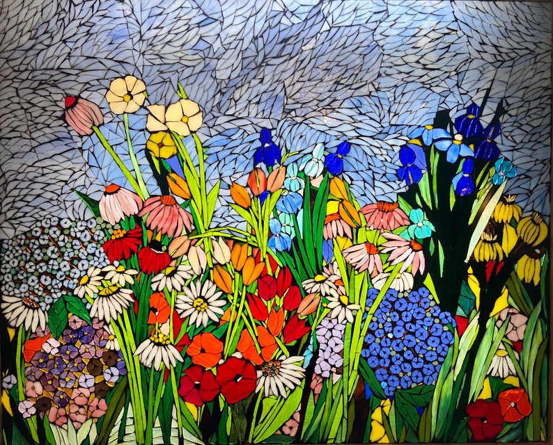 Mixed Flower Stained Glass Mosaic Panel. Framed Hanging Glass - Etsy