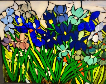 Iris Flower Mosaic Blue Iris Stained Glass Window Botanical | Etsy