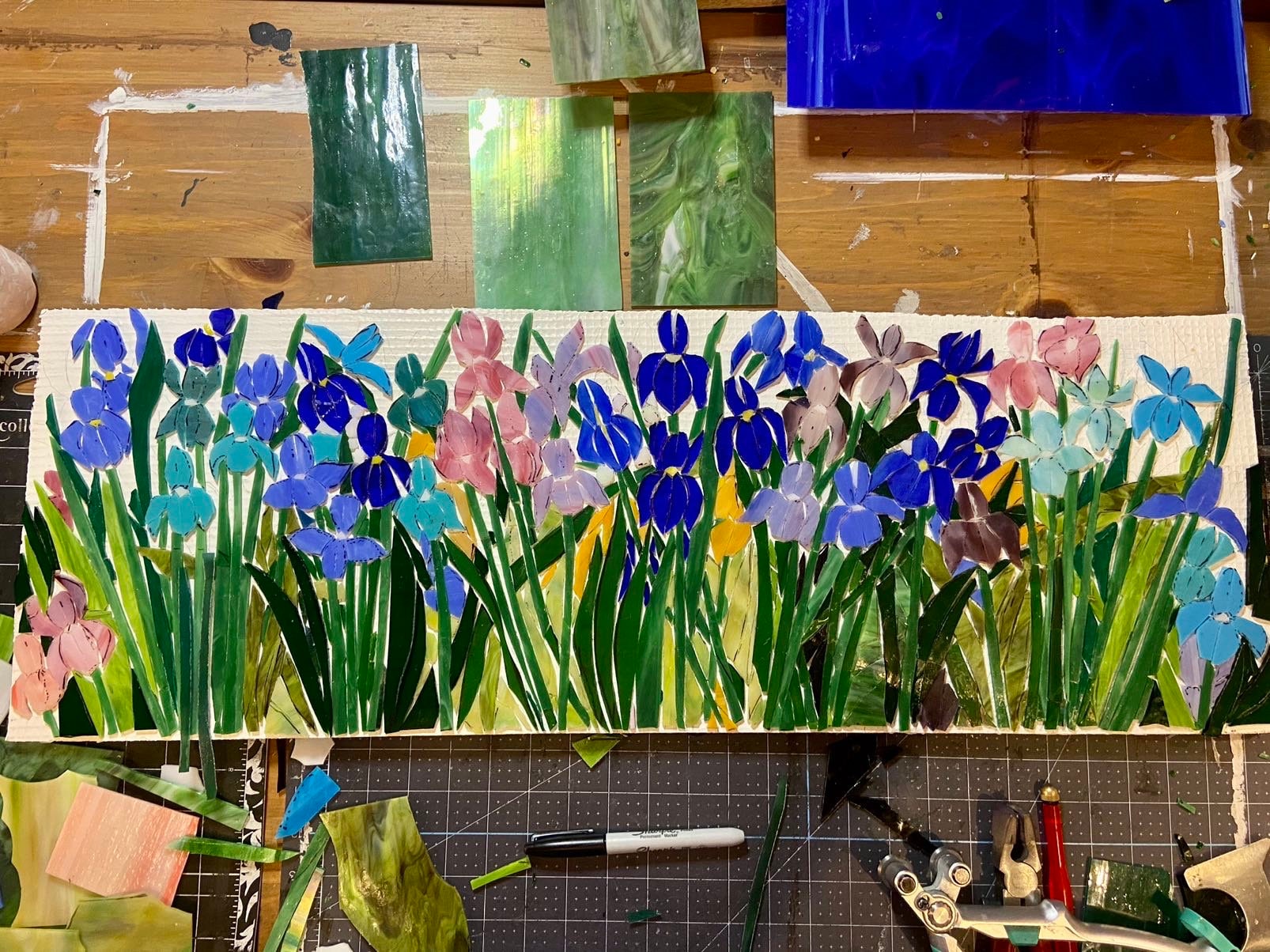 Mixed Irises Stained Glass Window. Framed Hanging Glass Art. Large ...