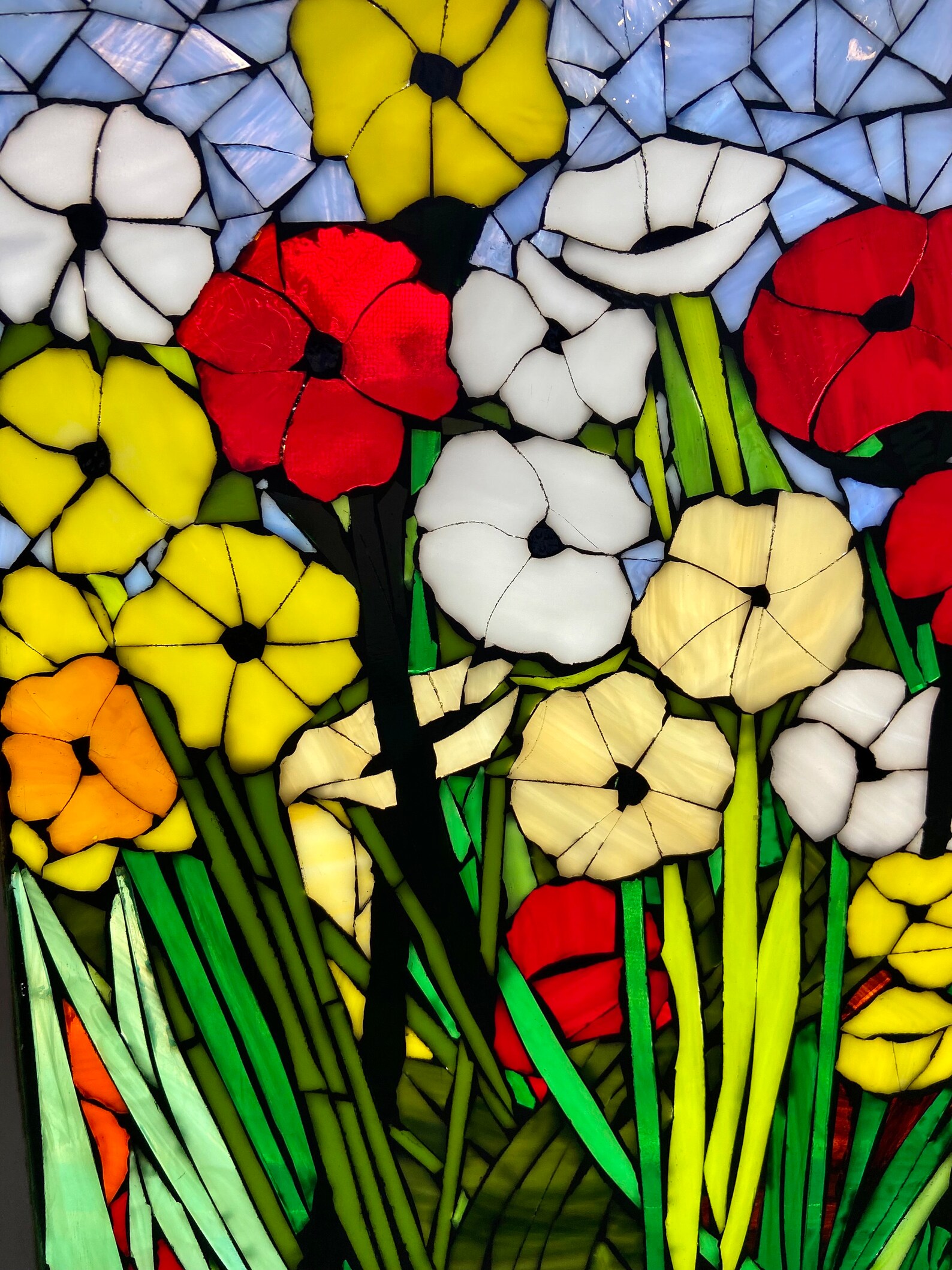 Custom Mixed Poppies Stained Glass Window. Framed Hanging Glass Art ...