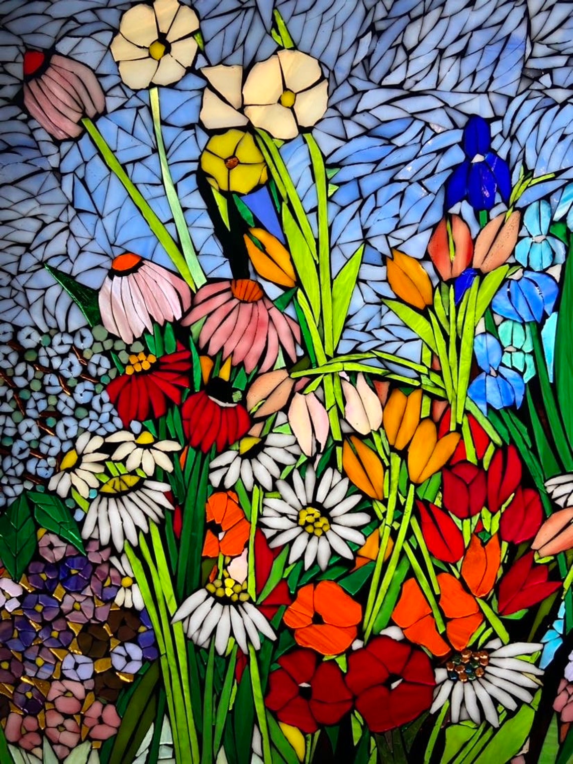 Mixed Flower Stained Glass Mosaic Panel. Framed Hanging Glass - Etsy