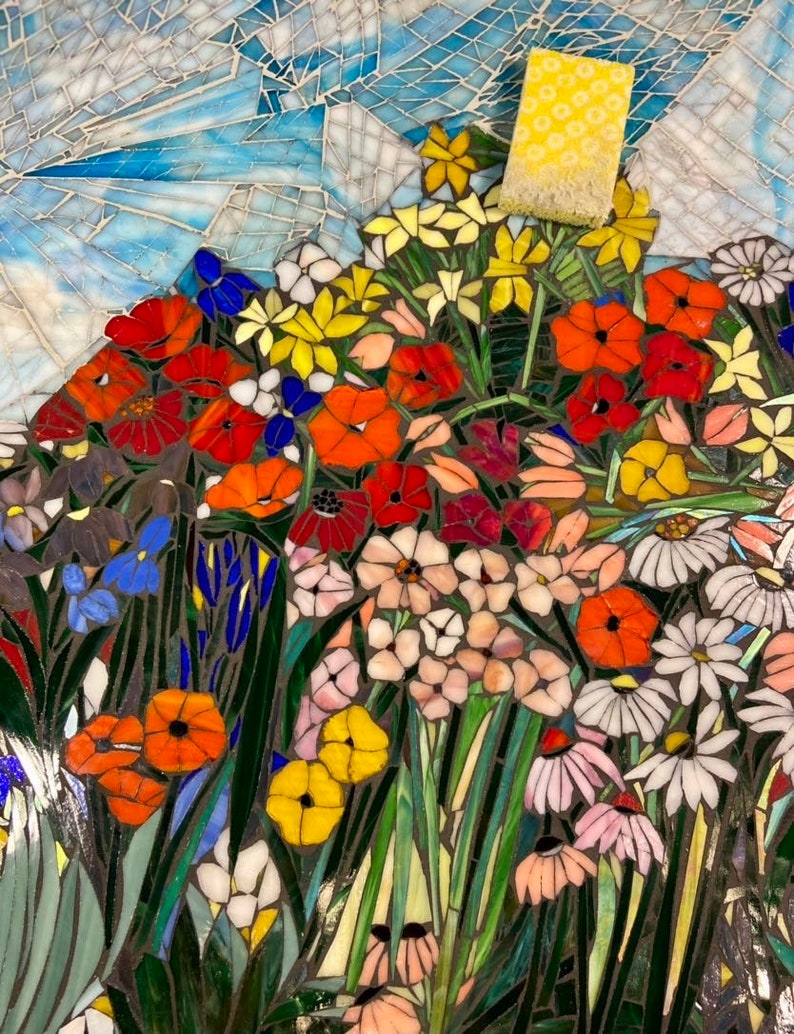 Mixed Flower Stained Glass Mosaic Panel. Framed Hanging Glass Art ...