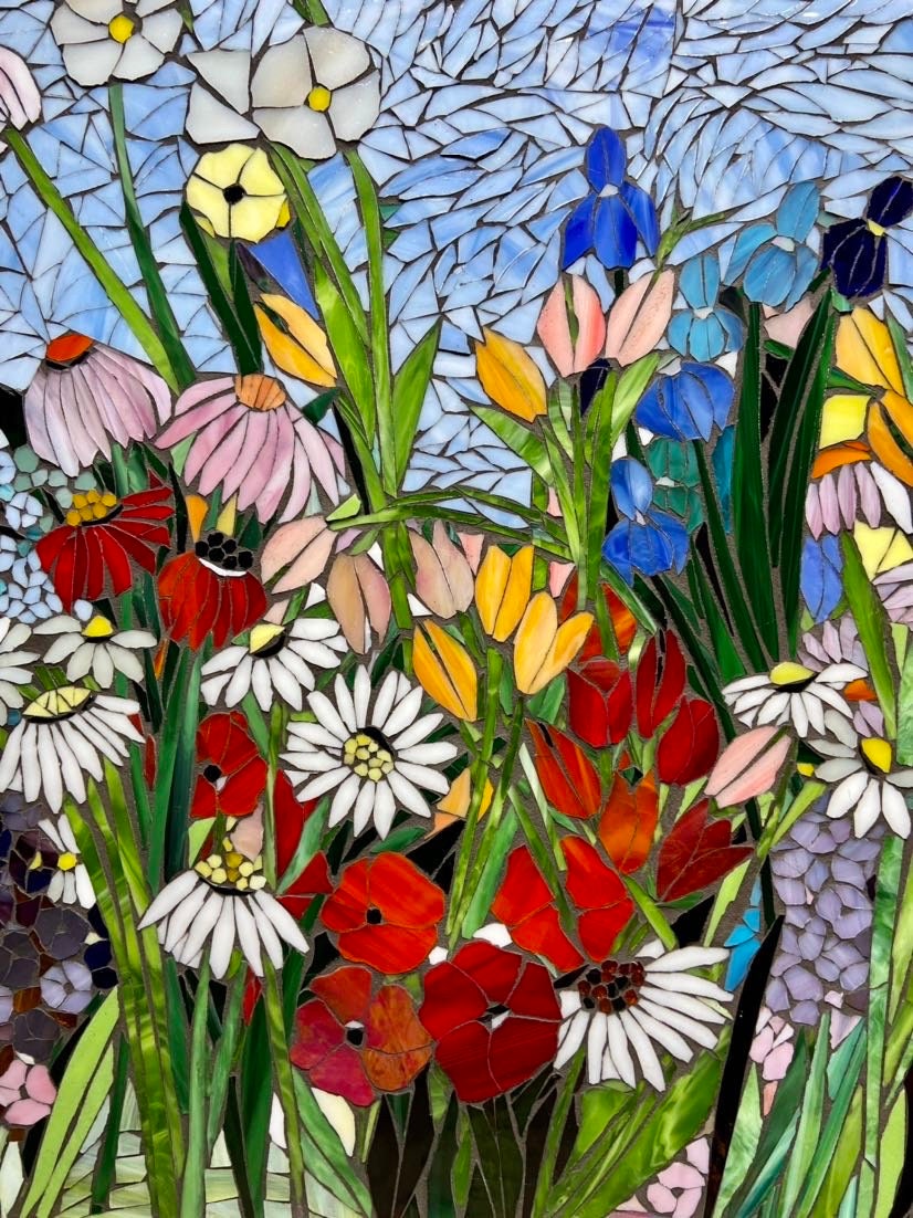 Mixed Flower Stained Glass Mosaic Panel. Framed Hanging Glass - Etsy