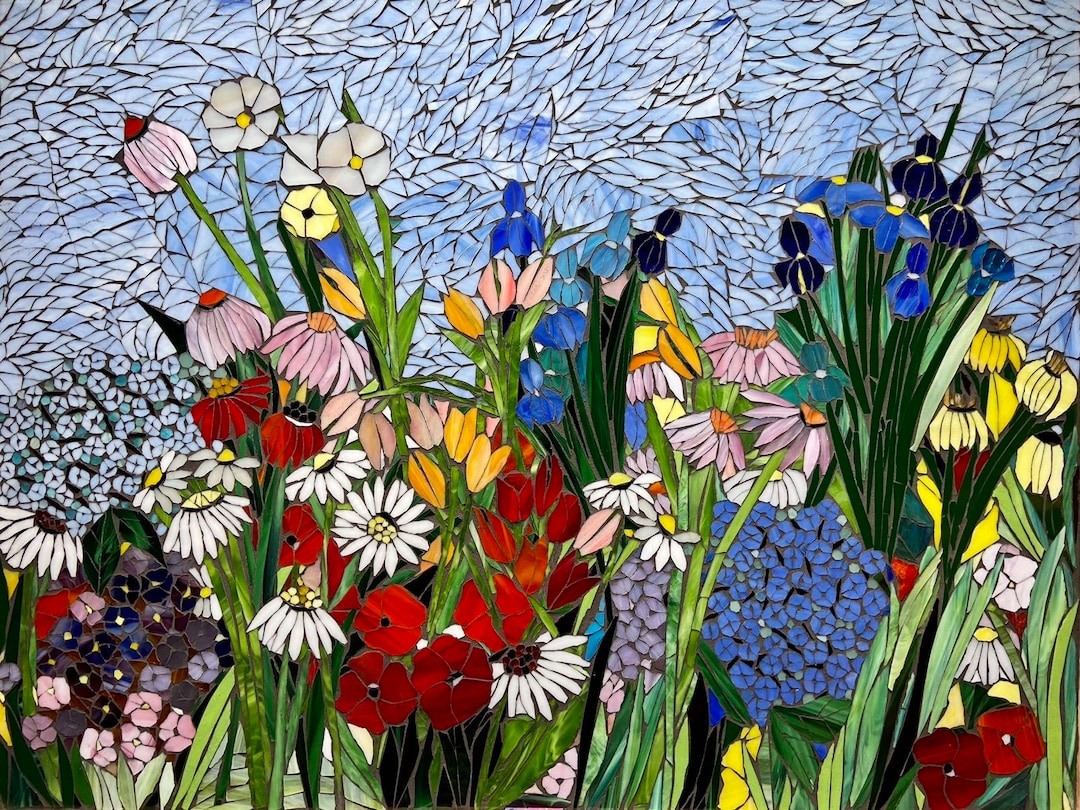 Mixed Flower Stained Glass Mosaic Panel. Framed Hanging Glass Art ...