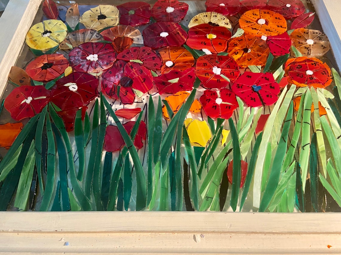 Mosaic Poppy Window, Poppy Mosaic, Stained Glass Window, Flower Art ...
