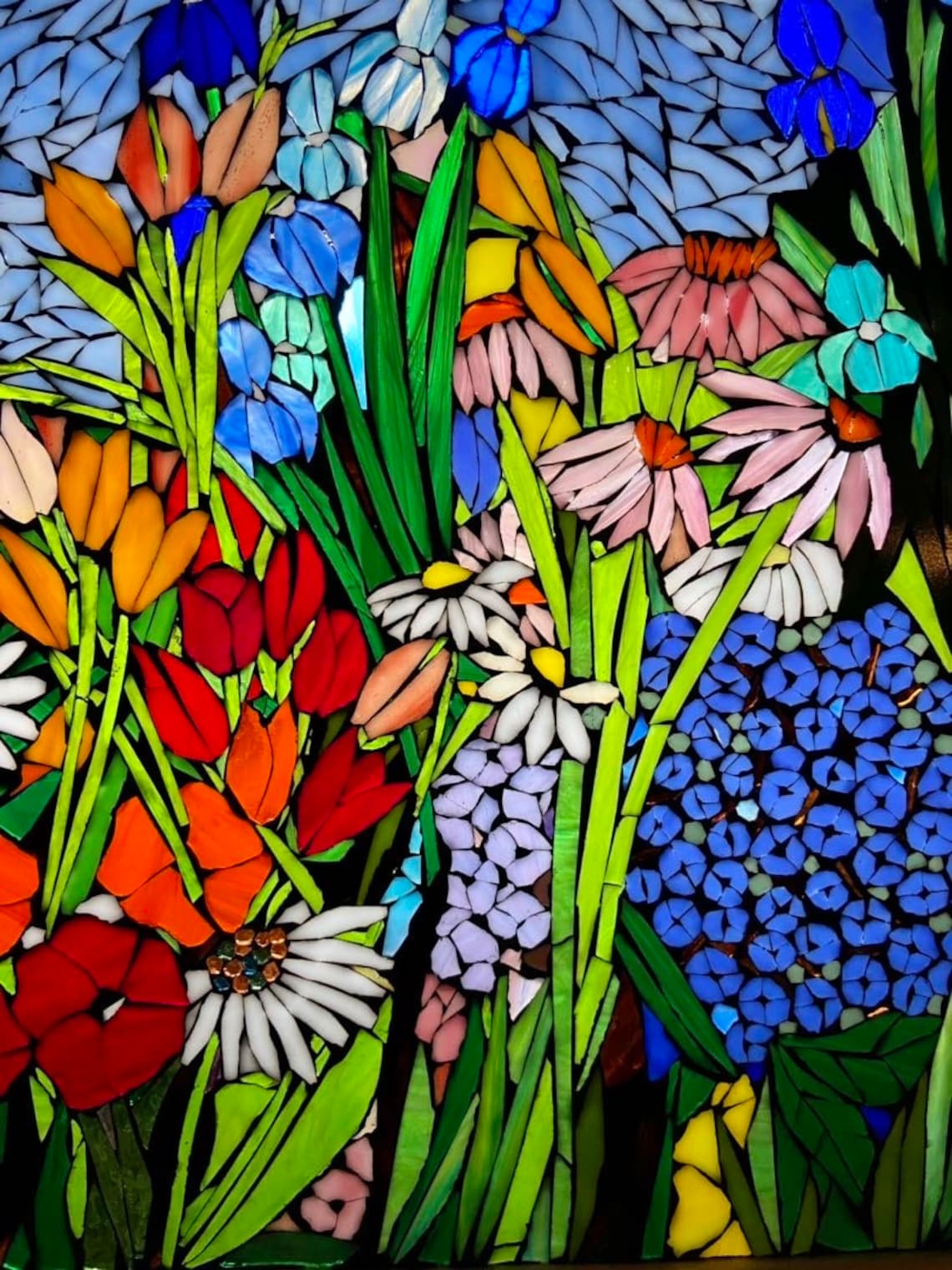 Mixed Flower Stained Glass Mosaic Panel. Framed Hanging Glass - Etsy