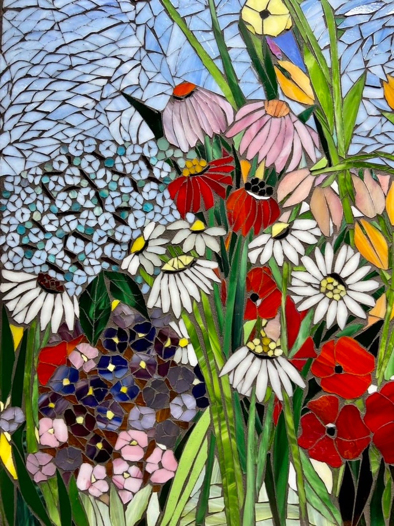 Mixed Flower Stained Glass Mosaic Panel. Framed Hanging Glass - Etsy