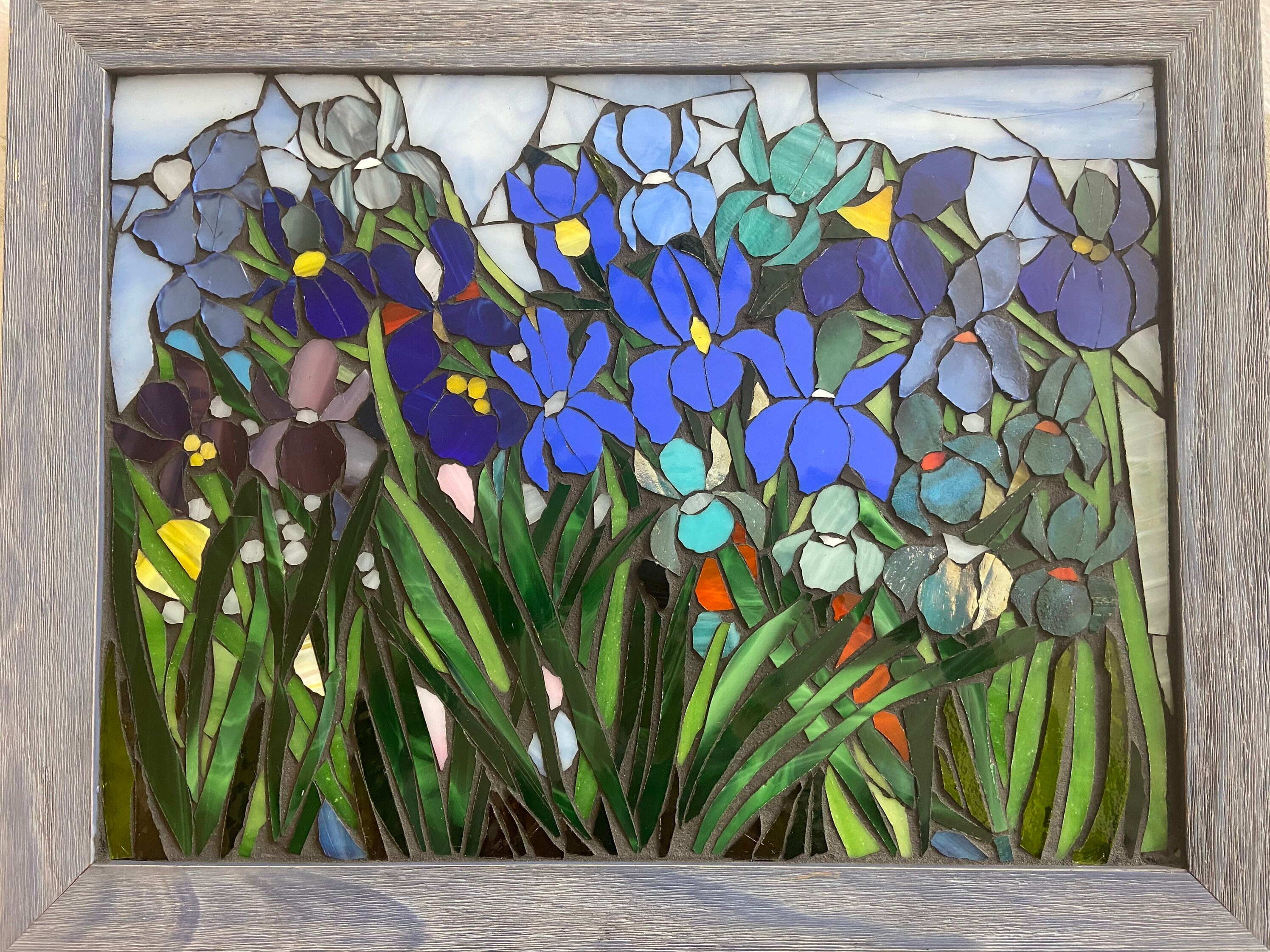 Mixed Irises Stained Glass Window. Framed Hanging Glass Art. Large ...