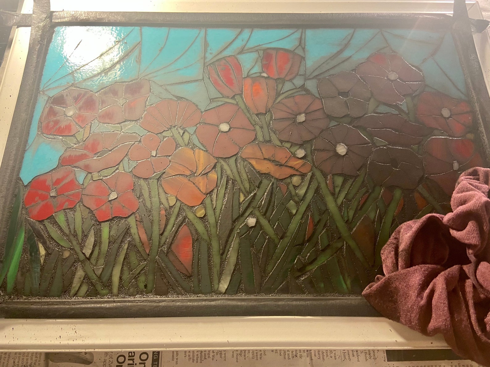 CUSTOM ORDER - Mosaic Poppy Window, Red Stained Glass, Mosaic Art ...