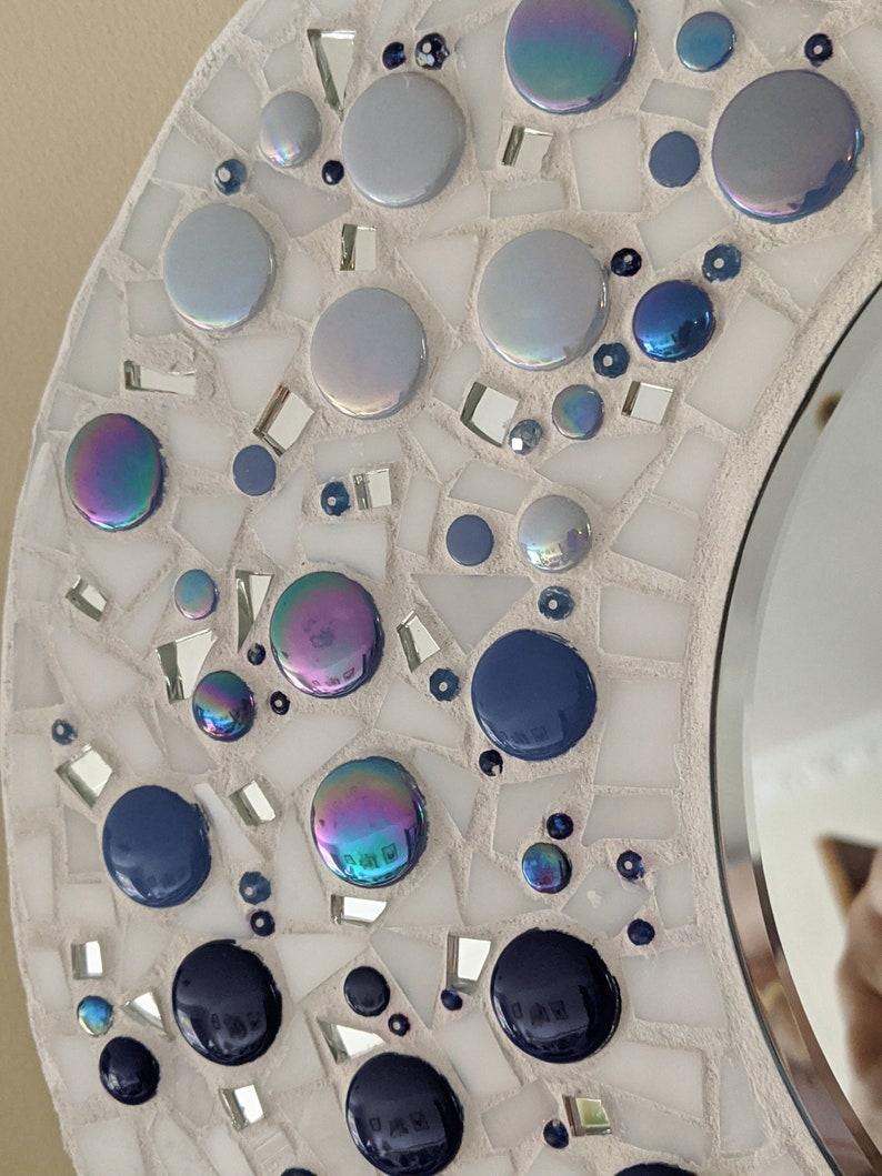 A White Blue Dot and Mirror Chip Circular Mirror - Etsy UK