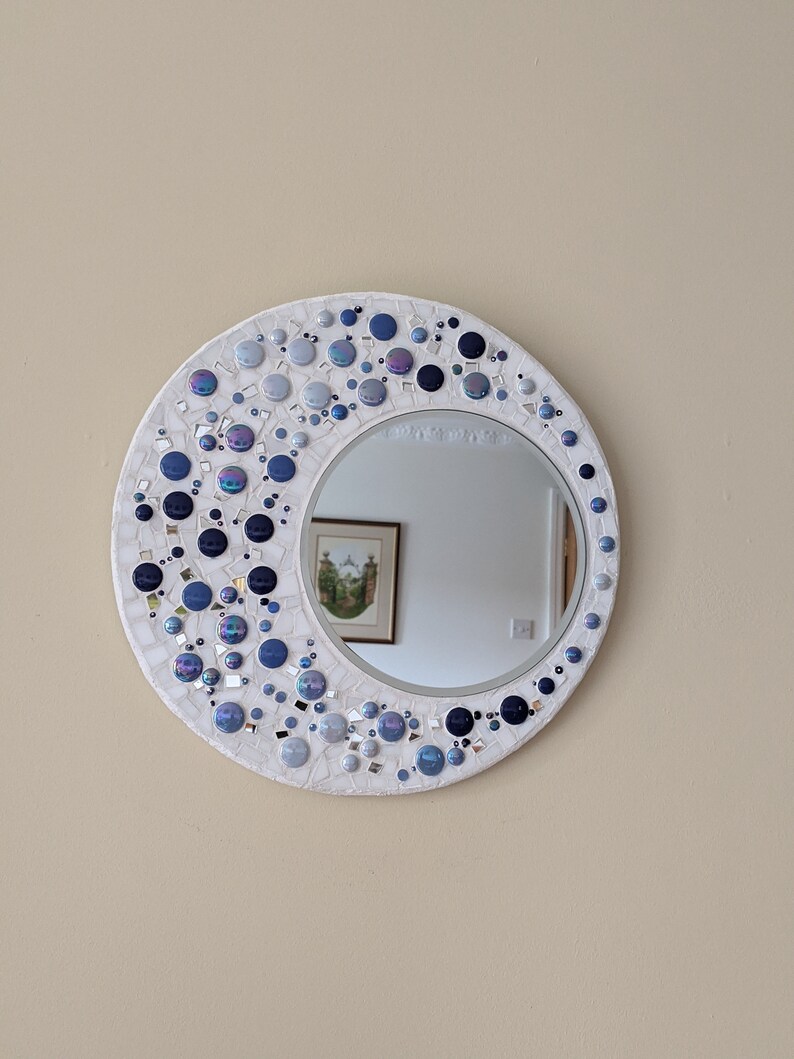 A White Blue Dot and Mirror Chip Circular Mirror - Etsy UK