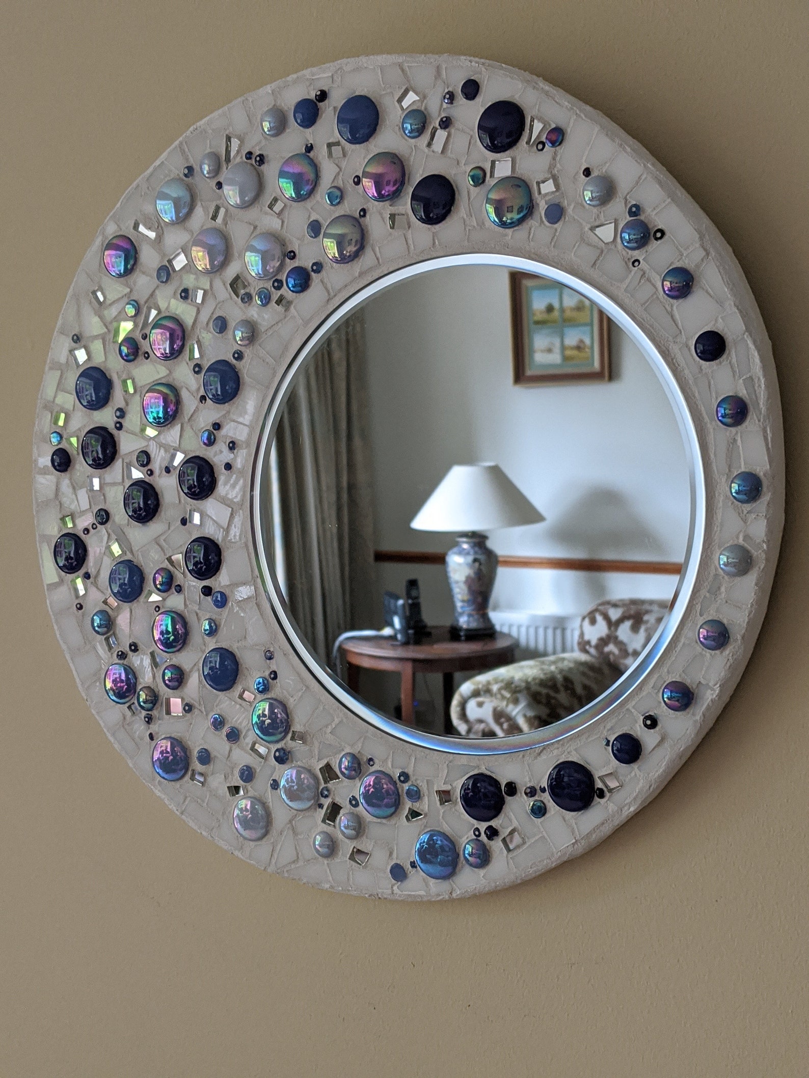 A White Blue Dot and Mirror Chip Circular Mirror - Etsy UK