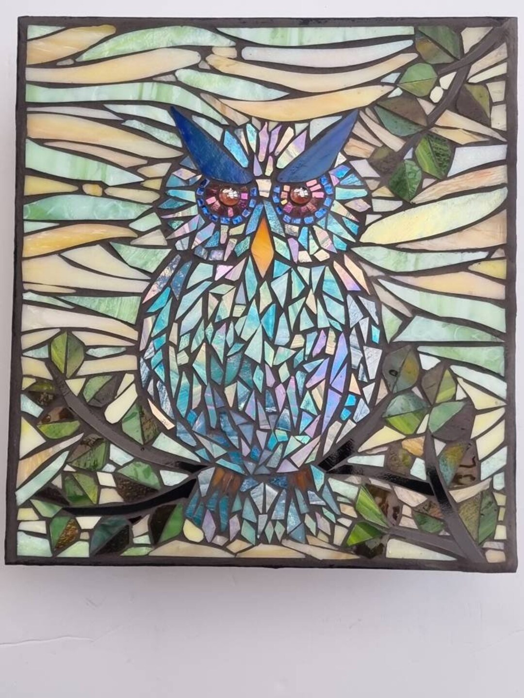 A Teal Stained Glass Mosaic Owl Wall Plaque, Wise Owl, Night Owl, a ...