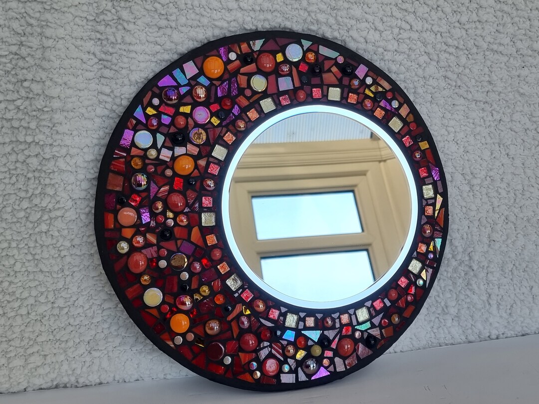 Red Stained Glass Round Mosaic Mirror, Circular Decorative Glass Wall ...
