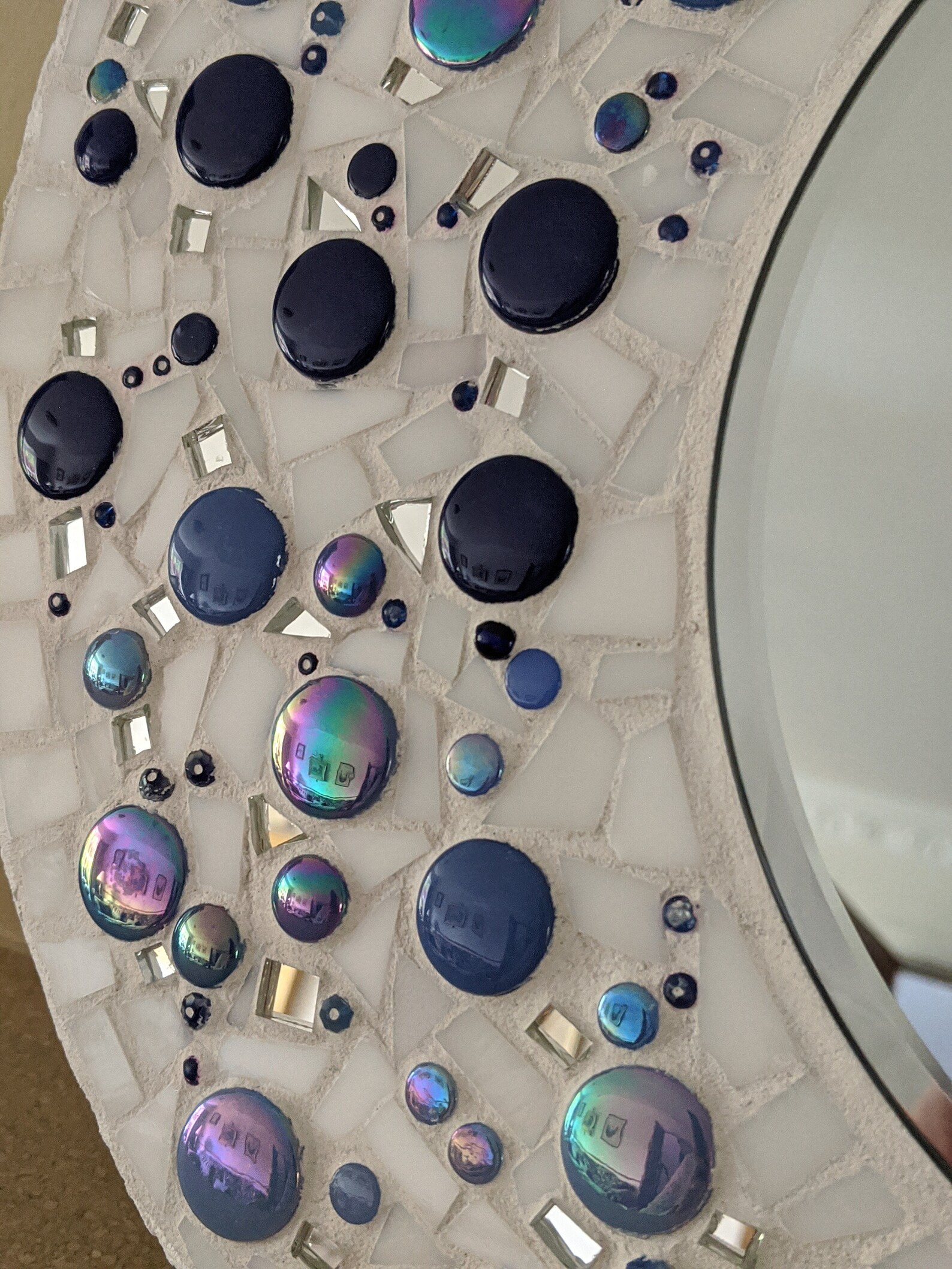 A White Blue Dot and Mirror Chip Circular Mirror - Etsy UK