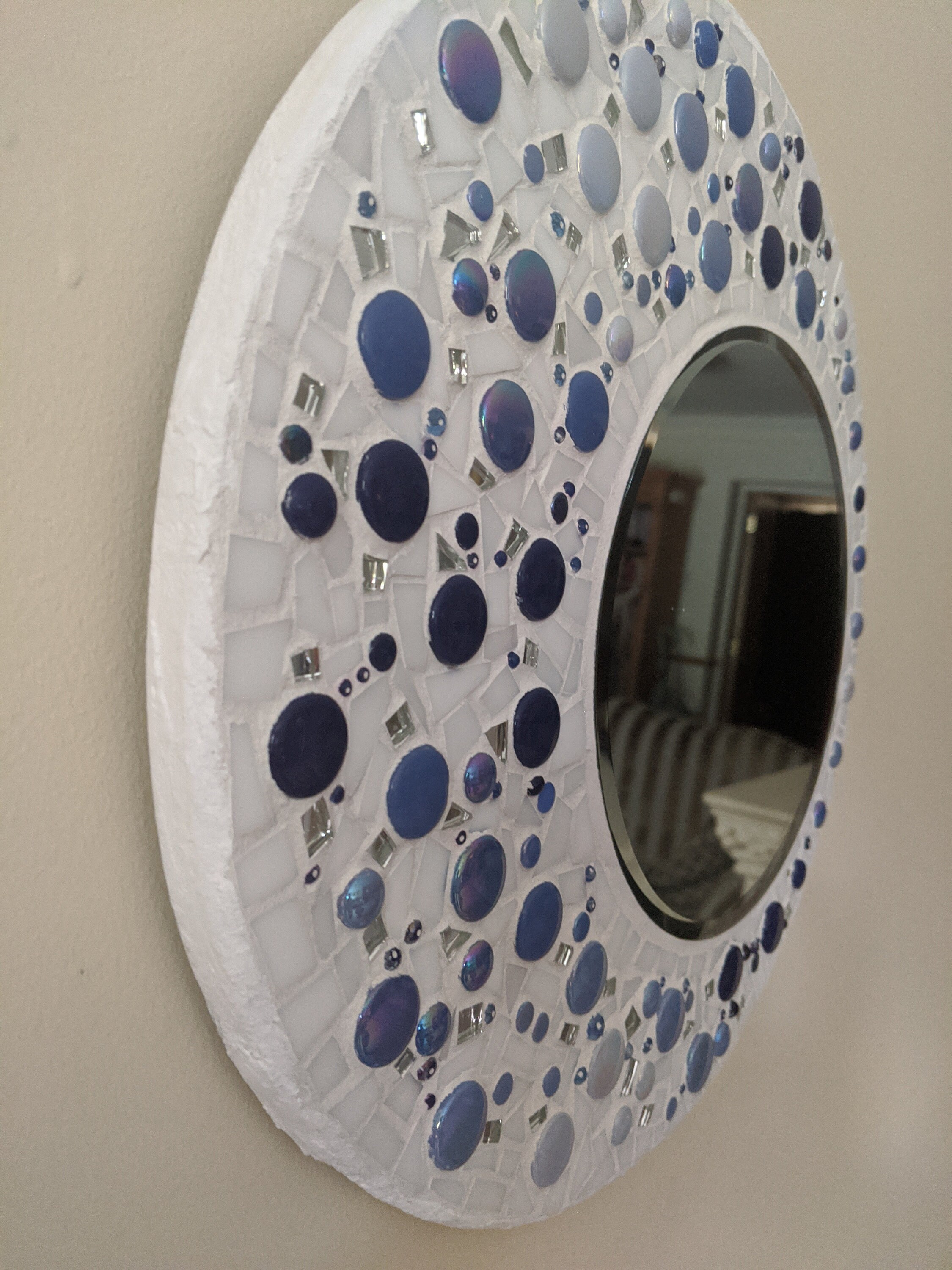 A White Blue Dot and Mirror Chip Circular Mirror - Etsy UK