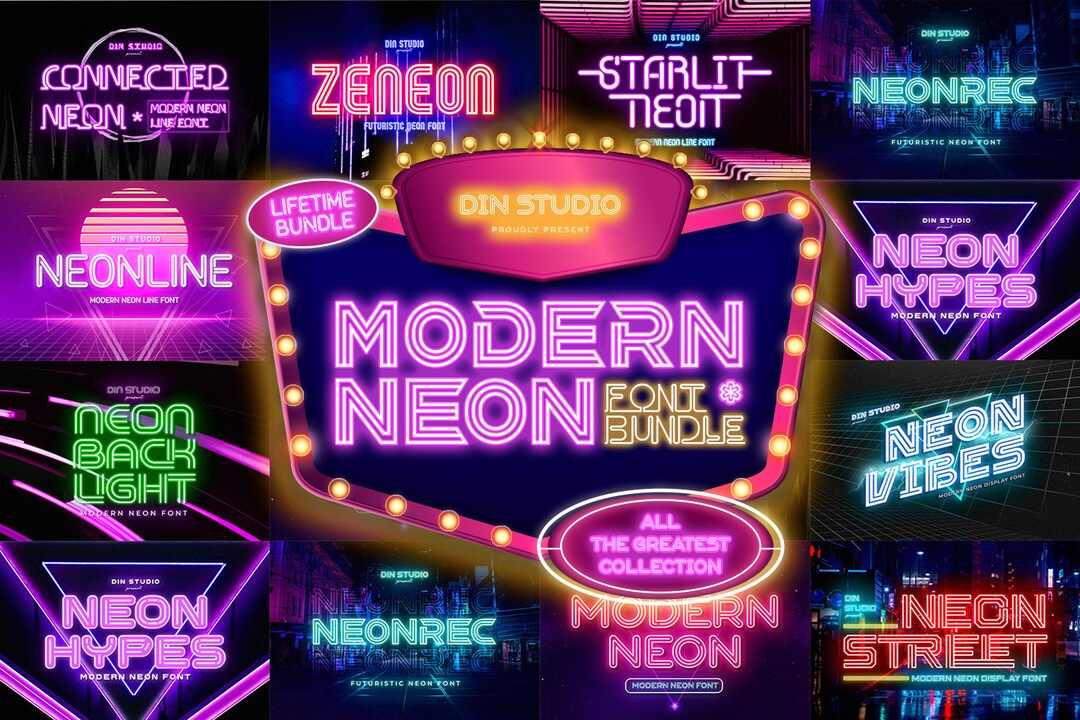 Modern Neon Fonts Bundle | Procreate & Display Fonts | Instant Download | Whimsical Retro Fonts ...