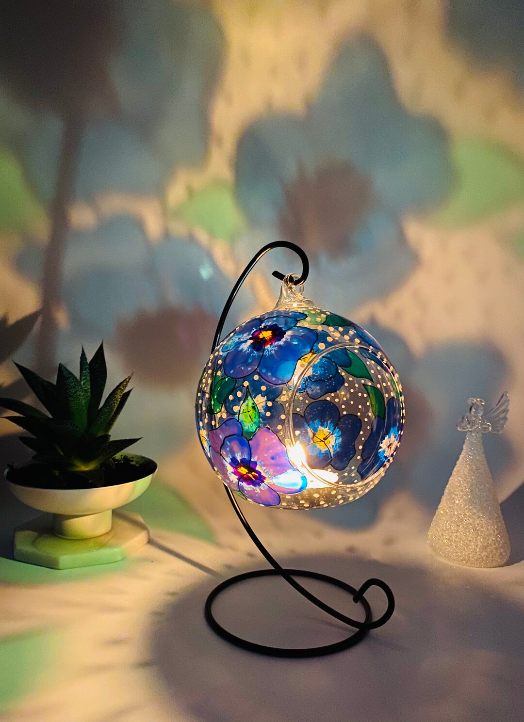 Hand Painted Blue Pansey Floral Glass Art, Unique Home Decor Glass ...