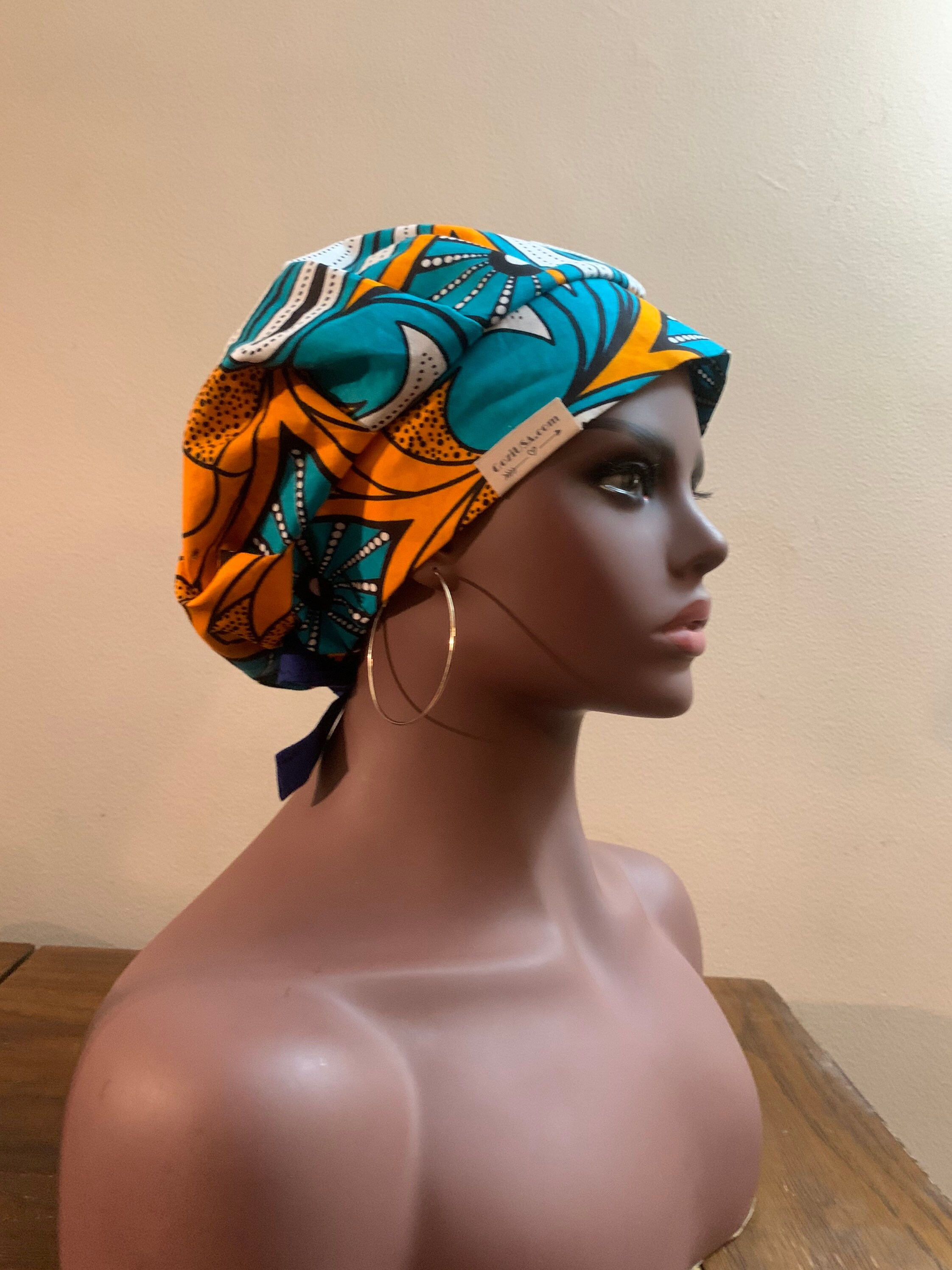 No Elastic Bouffant Style Bonnet African Print Scrub Cap or Scrub Hat ...