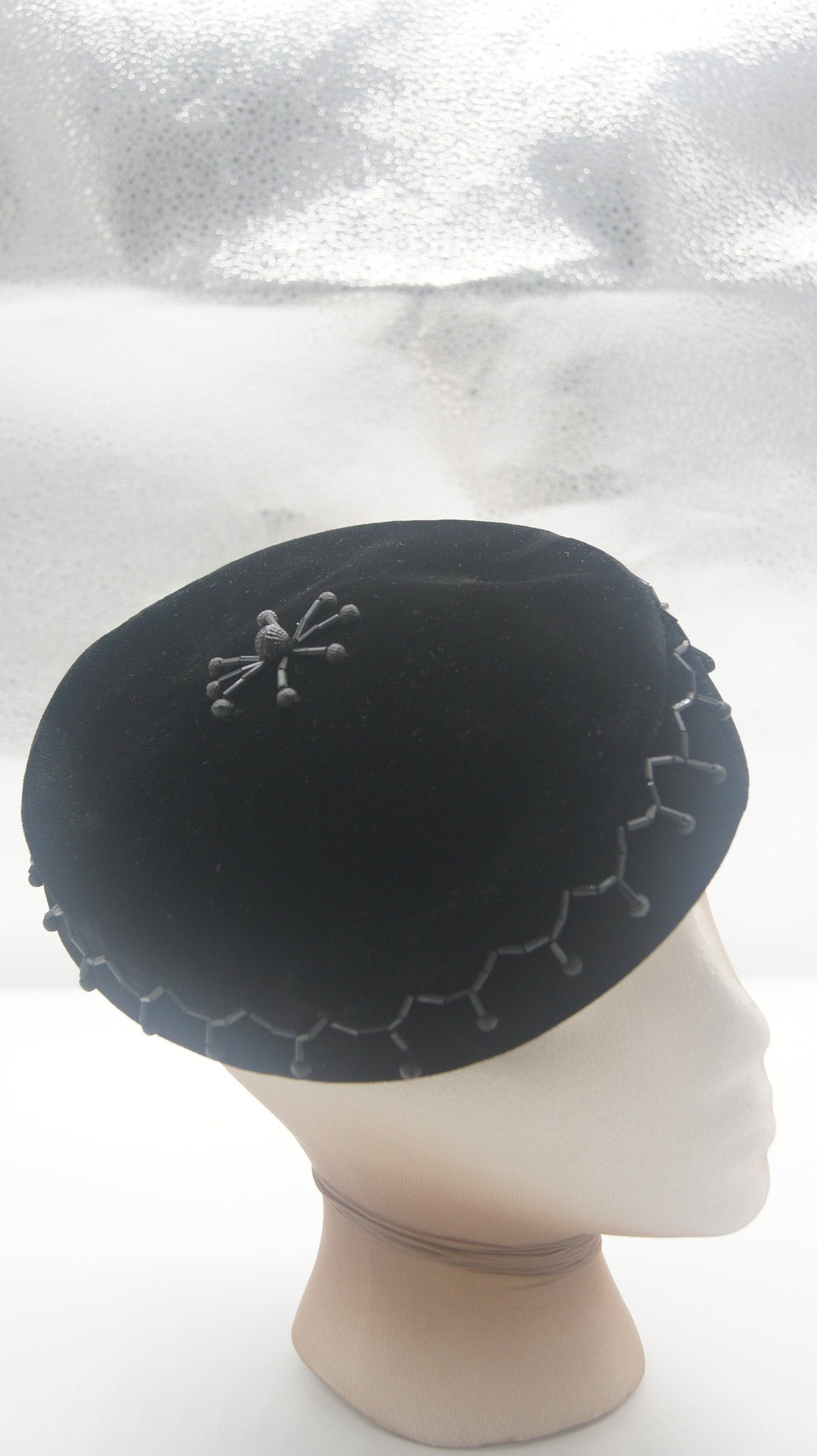 50's Glenover Velvet Beaded Beret/ Black/ Tam/ /beret/ Velvet and Beads ...