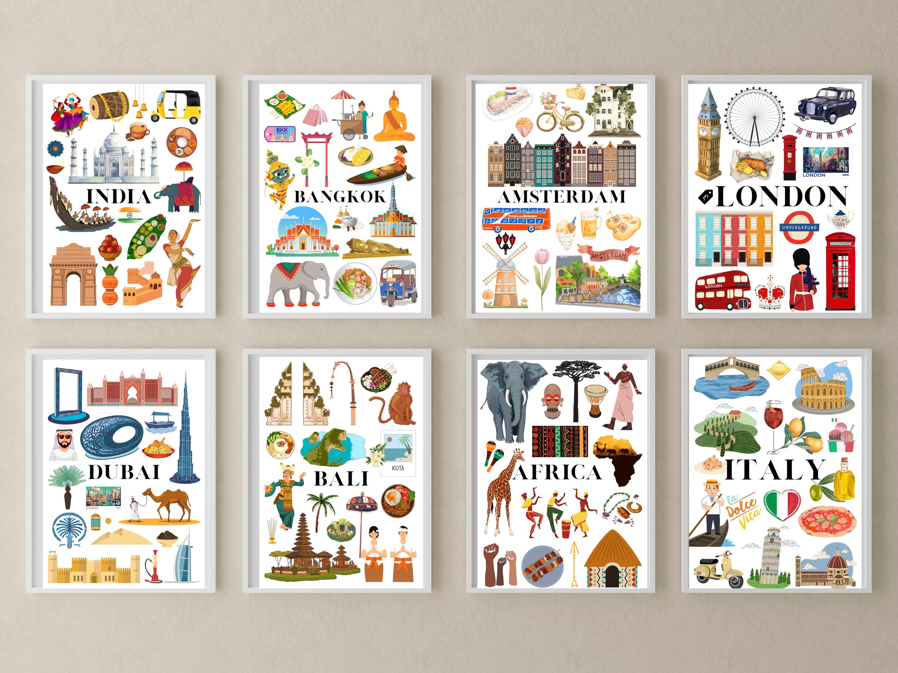 Set of 12 Travel Country & City Illustrations, Printable Art, Instant ...