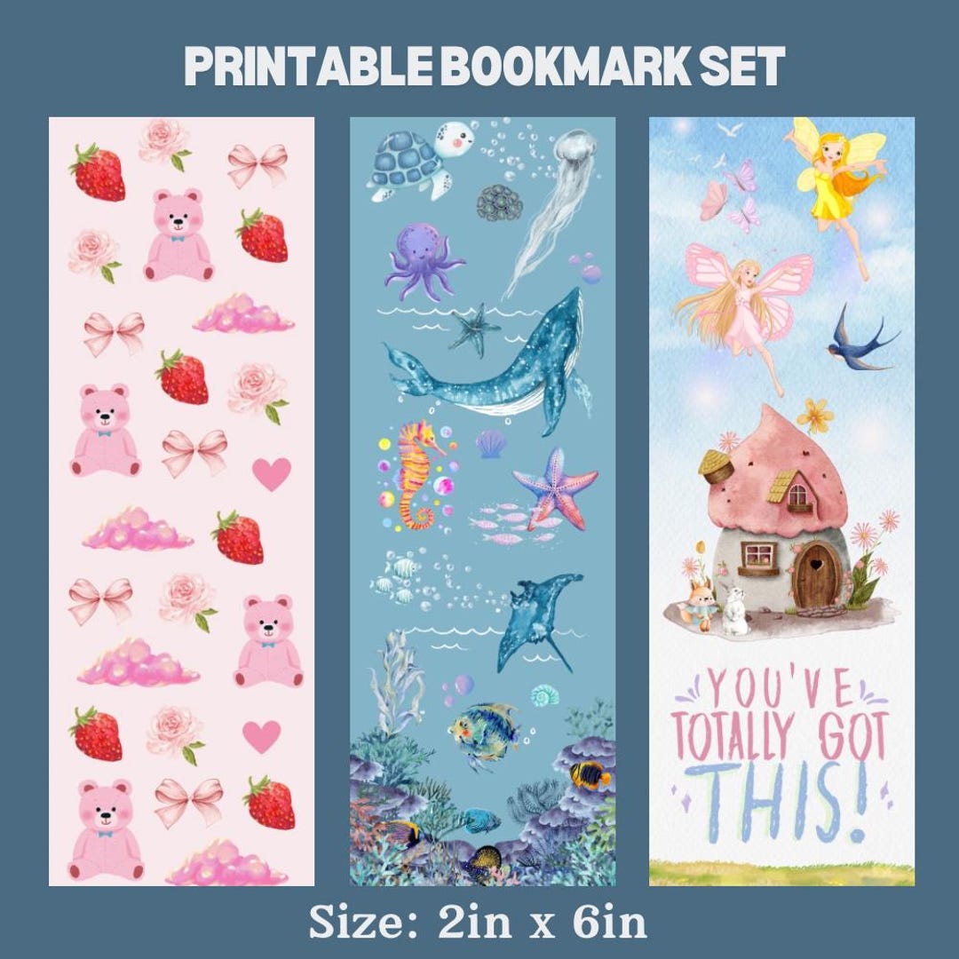 Set of 3 Printable Bookmarks Fairy Theme, Underwater Theme and Abstract ...