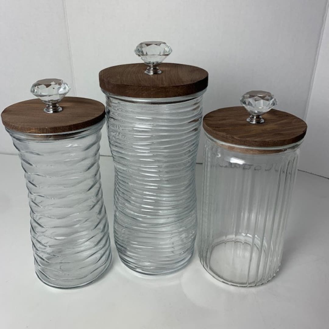 Large Clear Canister Set of 3 / Custom Dark-stained Lids and Oversized ...