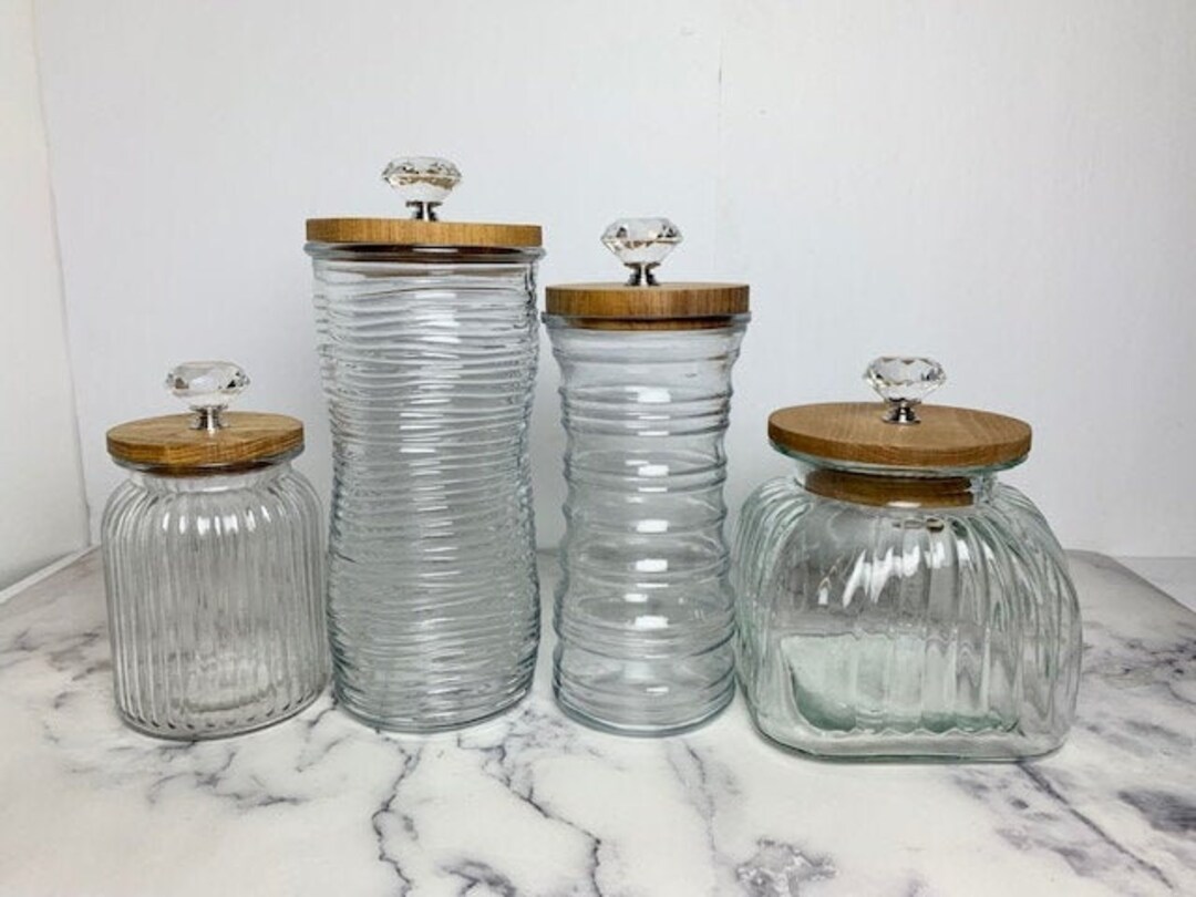 Kitchen Canister Set / Clear Textured Glass Containers / Medium Stain ...