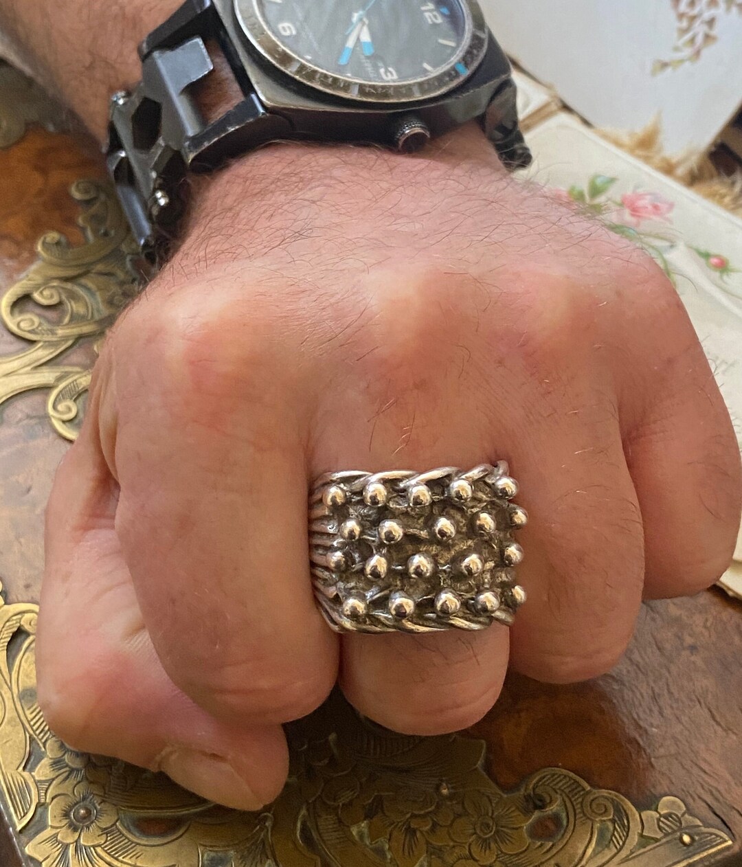 Fantastic Original Vintage Hallmarked Thick Heavy Solid Sterling Silver Mens keeper Statement ...