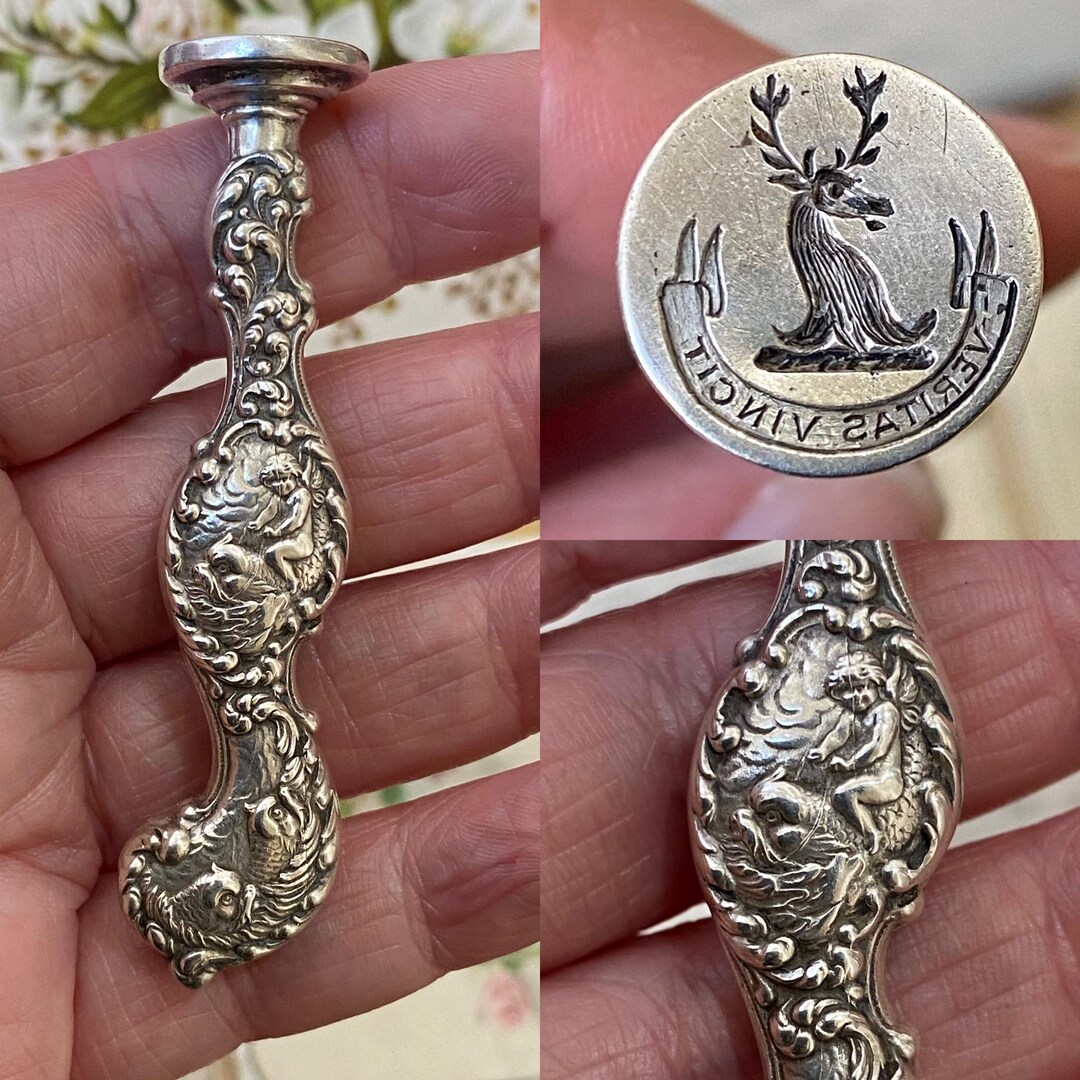 Fabulous Antique Hollow Cast Sterling Silver Handle Heraldic Stag Crest ...