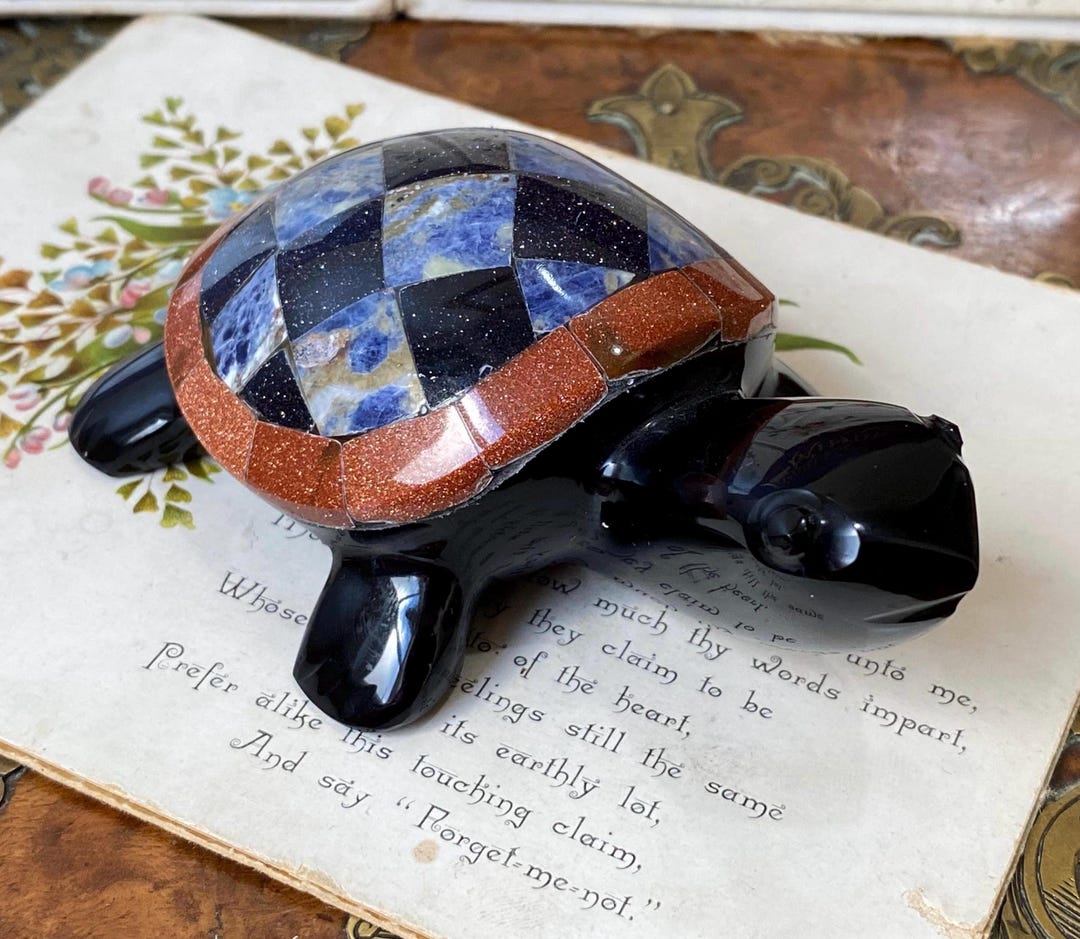 Stunning Unusual Vintage Black Obsidian Turtle Figurine With Inlaid ...