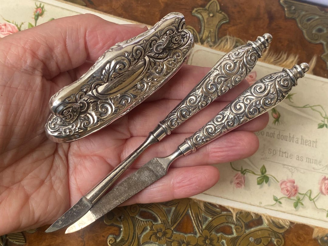 3 Pce Antique Victorian Manicure Set, Full Hallmark Sterling Silver ...
