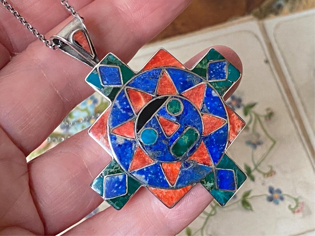 Stunning Vintage Sterling Silver Inlaid Lapis /coral & Malachite Aztec ...