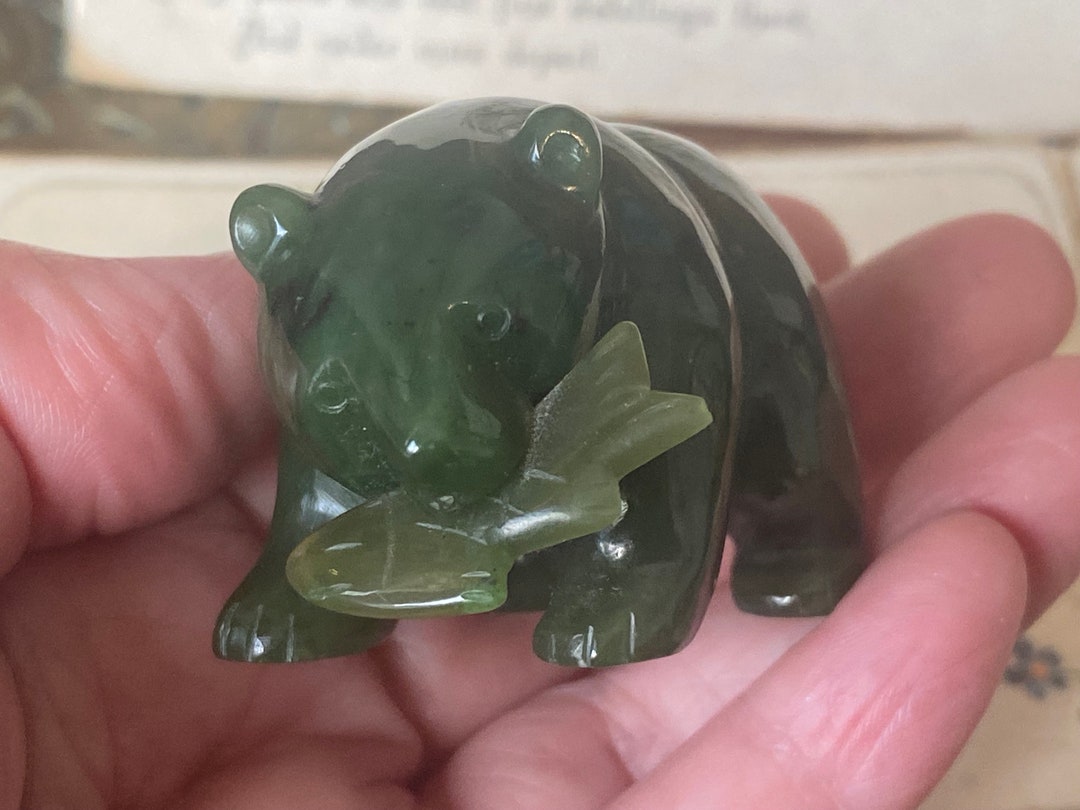 Unusual Vintage Carved Nephrite Jade Bear With Fish Figure /ornament A ...