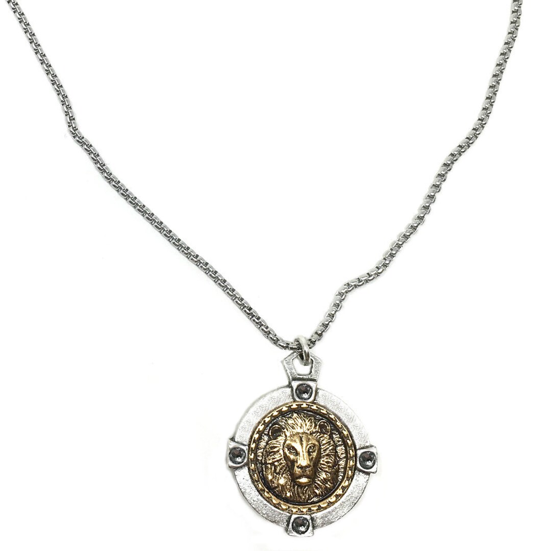 Lion Head Coin Necklace, Silver, Gold Pendant in Holder 20" - 24" Leo ...