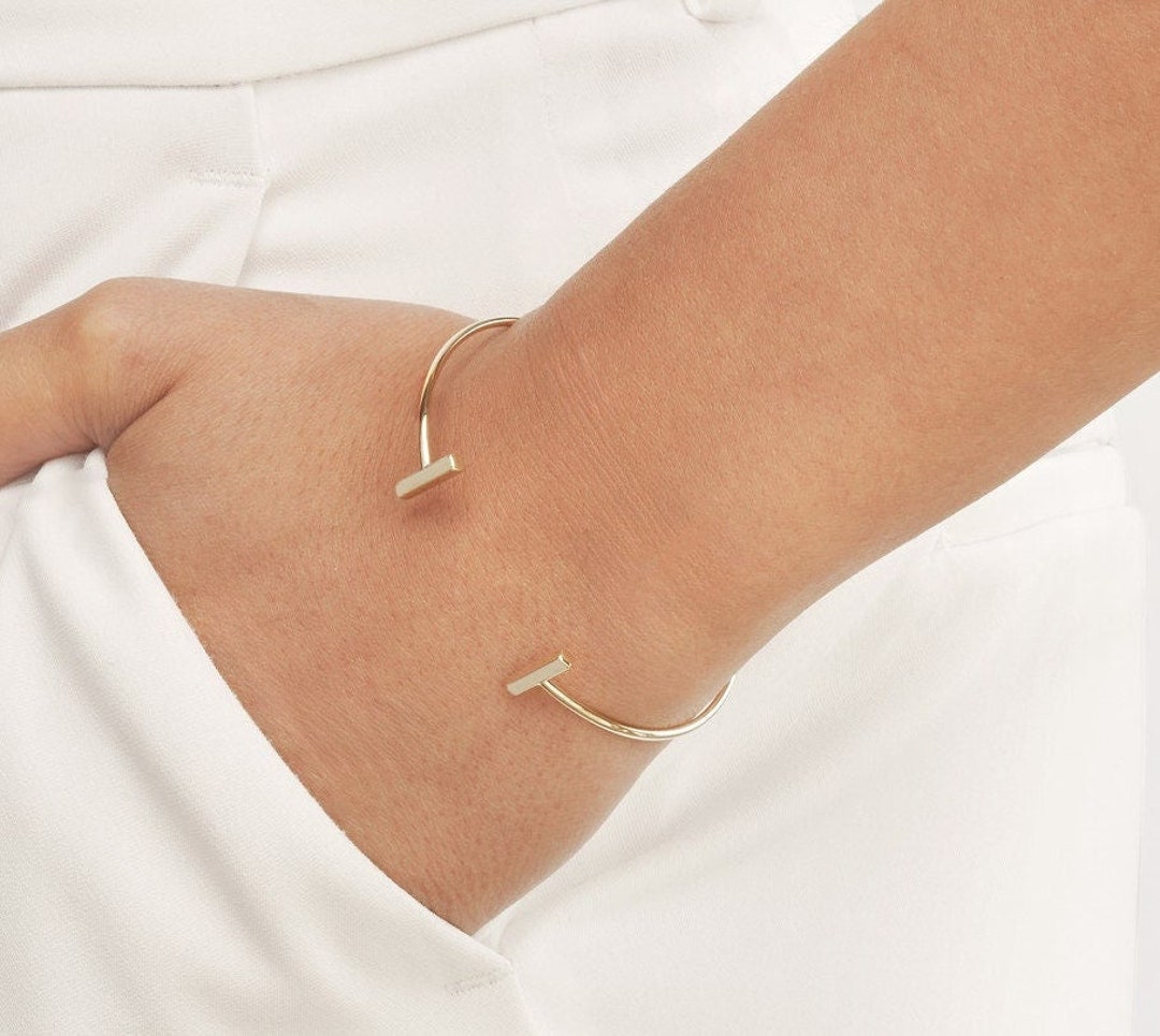 Solid 14K Gold Staple Bar Cuff Bangles for Women - Yellow, White, Rose ...